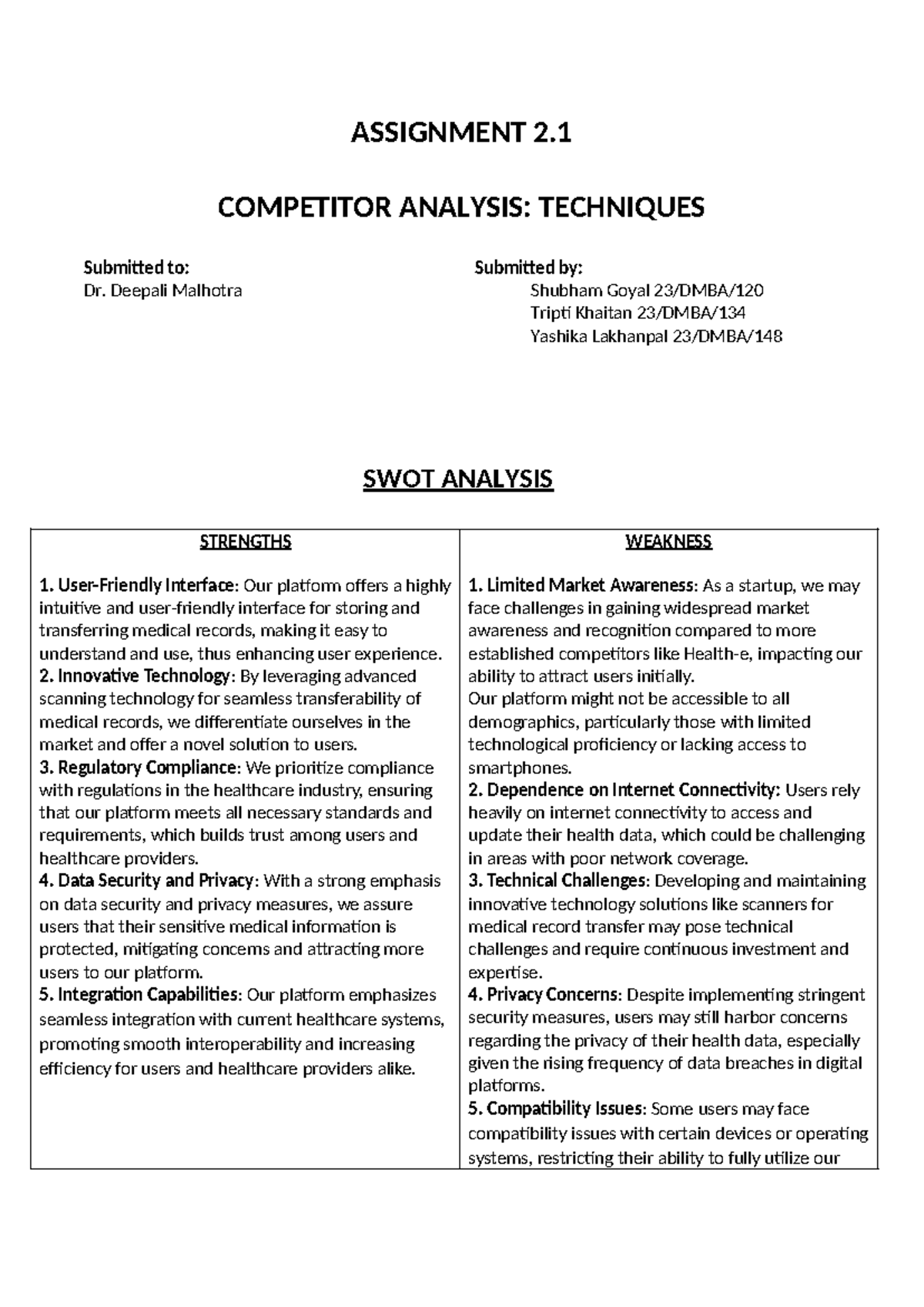 SWOT Analysis - SWOT - ASSIGNMENT 2. COMPETITOR ANALYSIS: TECHNIQUES ...