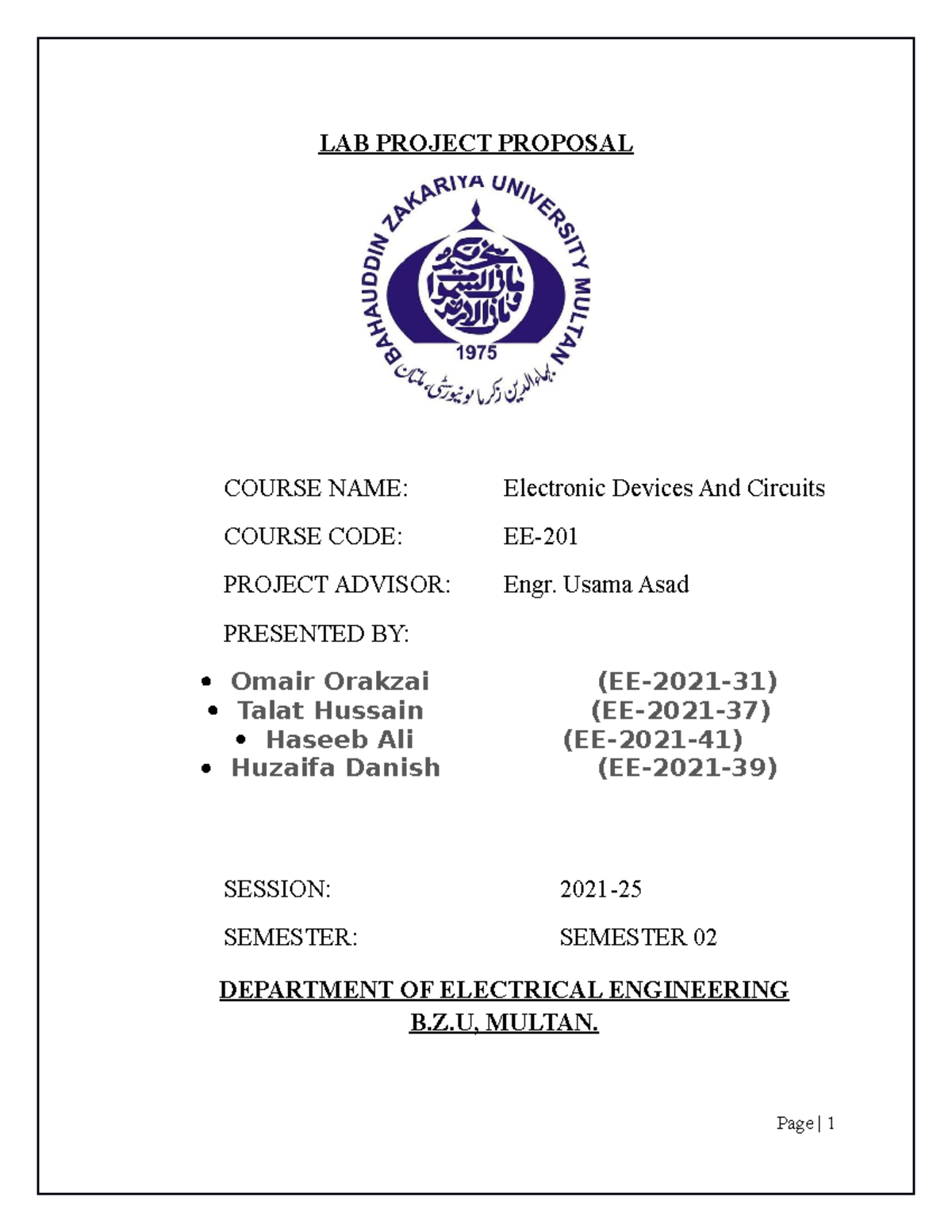 EDC Project Proposal - Electronic devices - LAB PROJECT PROPOSAL COURSE ...