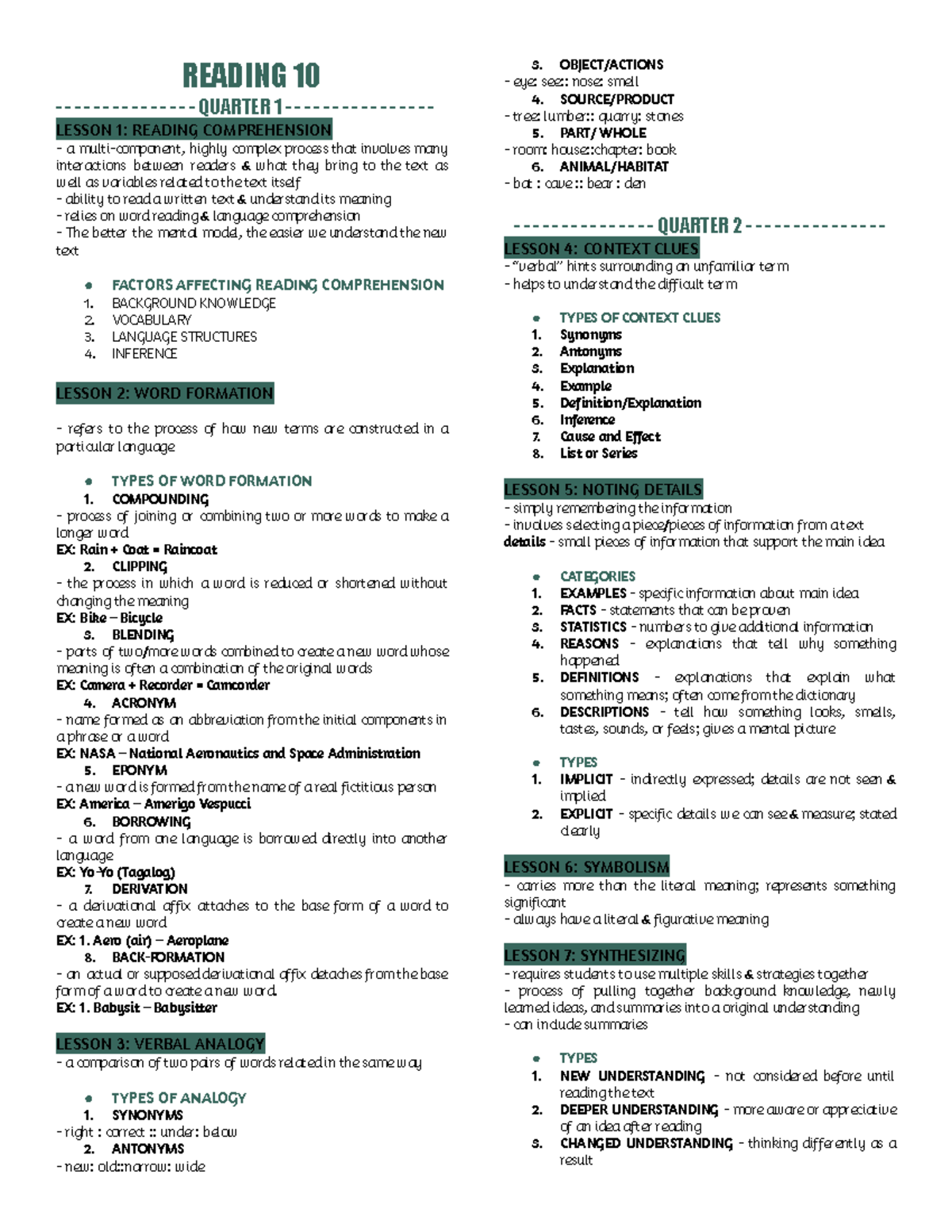 Reading 10 Notes - READING 10 - QUARTER 1 - LESSON 1: READING ...