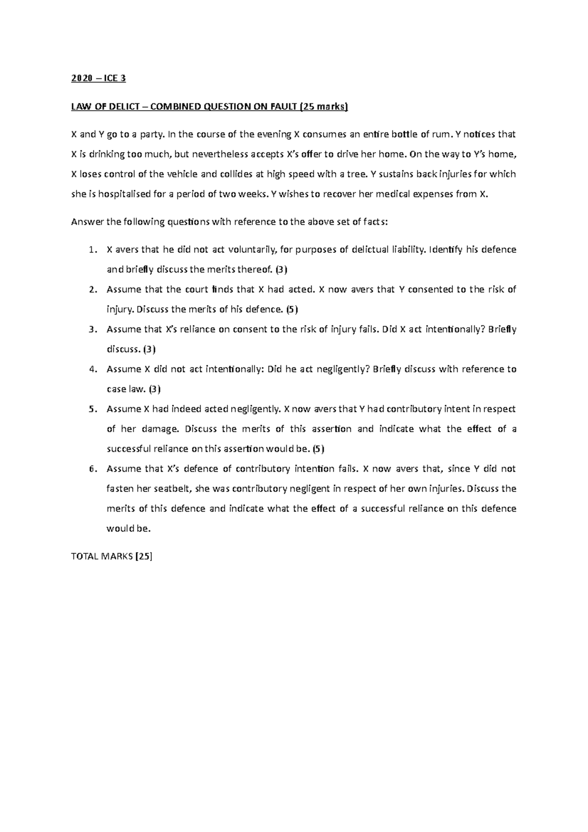 ICE 3 Combined question on Fault - 2020 – ICE 3 LAW OF DELICT ...