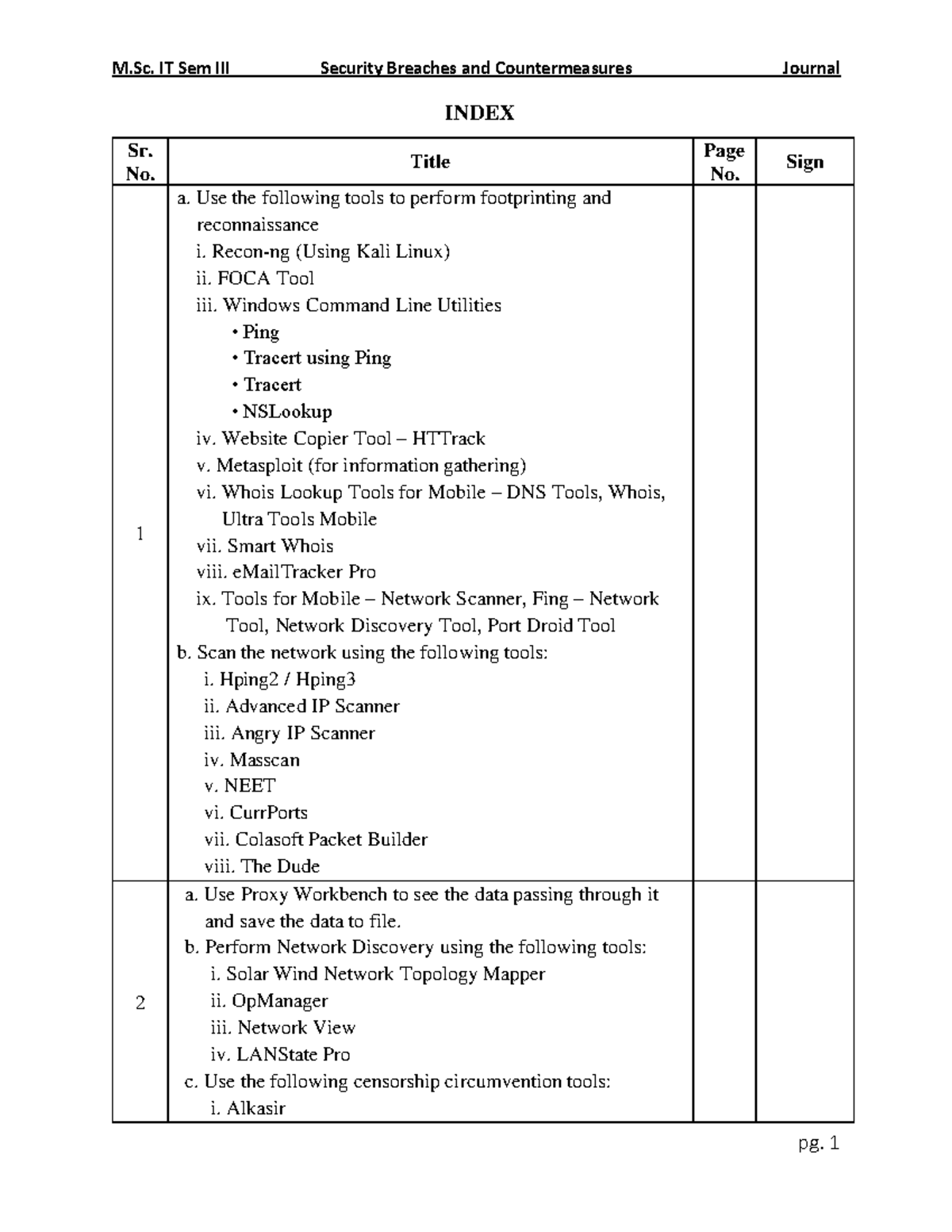 Security breaches and counter measures Journal - INDEX Sr. No. Title Page No. Sign 1 a. Use the ...