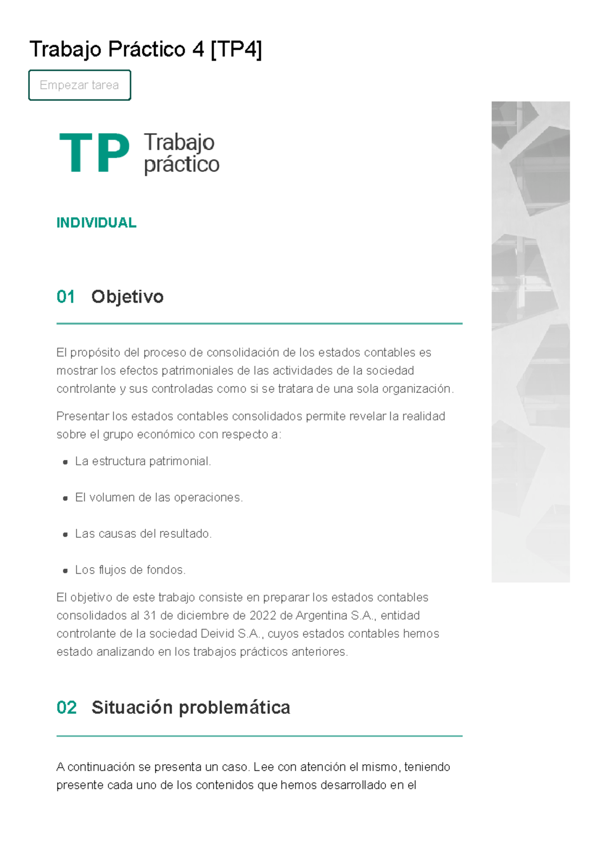 Trabajo Práctico 4 [TP4] conta superior - Trabajo Práctico 4 [TP4] Empezar tarea INDIVIDUAL 01 ...