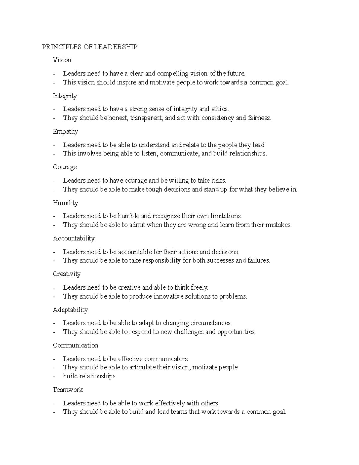 Principles OF Leadership Notes 1 - PRINCIPLES OF LEADERSHIP Vision ...