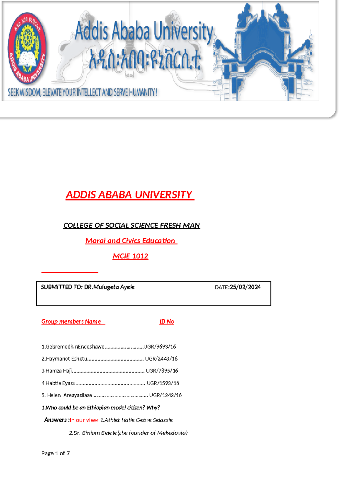 Moral and civic assignment - ADDIS ABABA UNIVERSITY COLLEGE OF SOCIAL ...