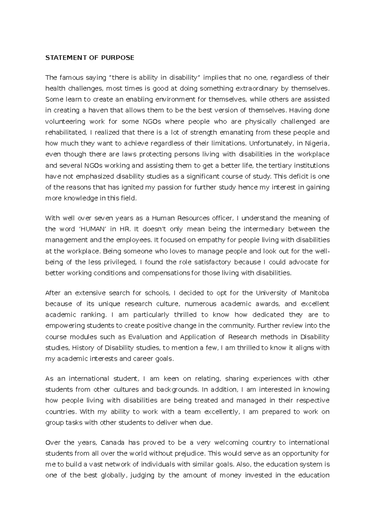 Disability sop - STATEMENT OF PURPOSE The famous saying “there is ...