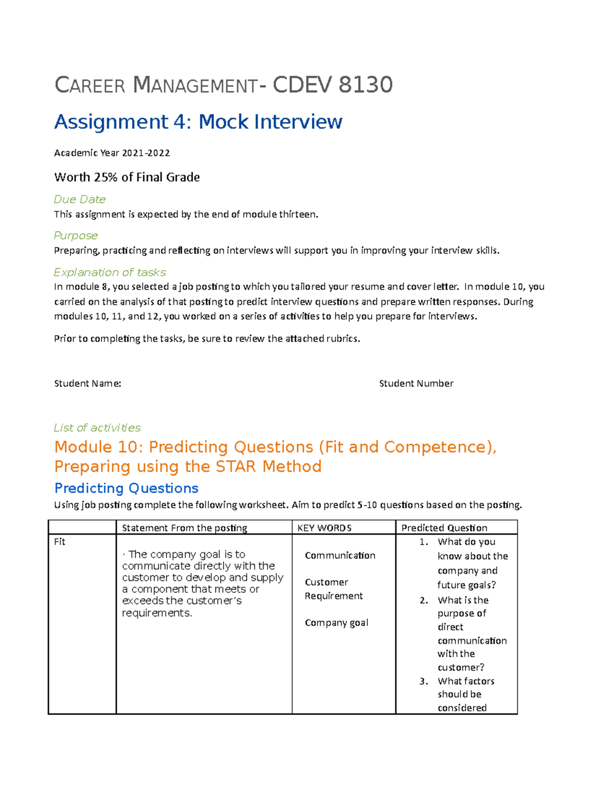 CDEV8130 Career Management Assignment 4 Mock Interview - CAREER MANAGEMENT- CDEV 8130 Assignment ...