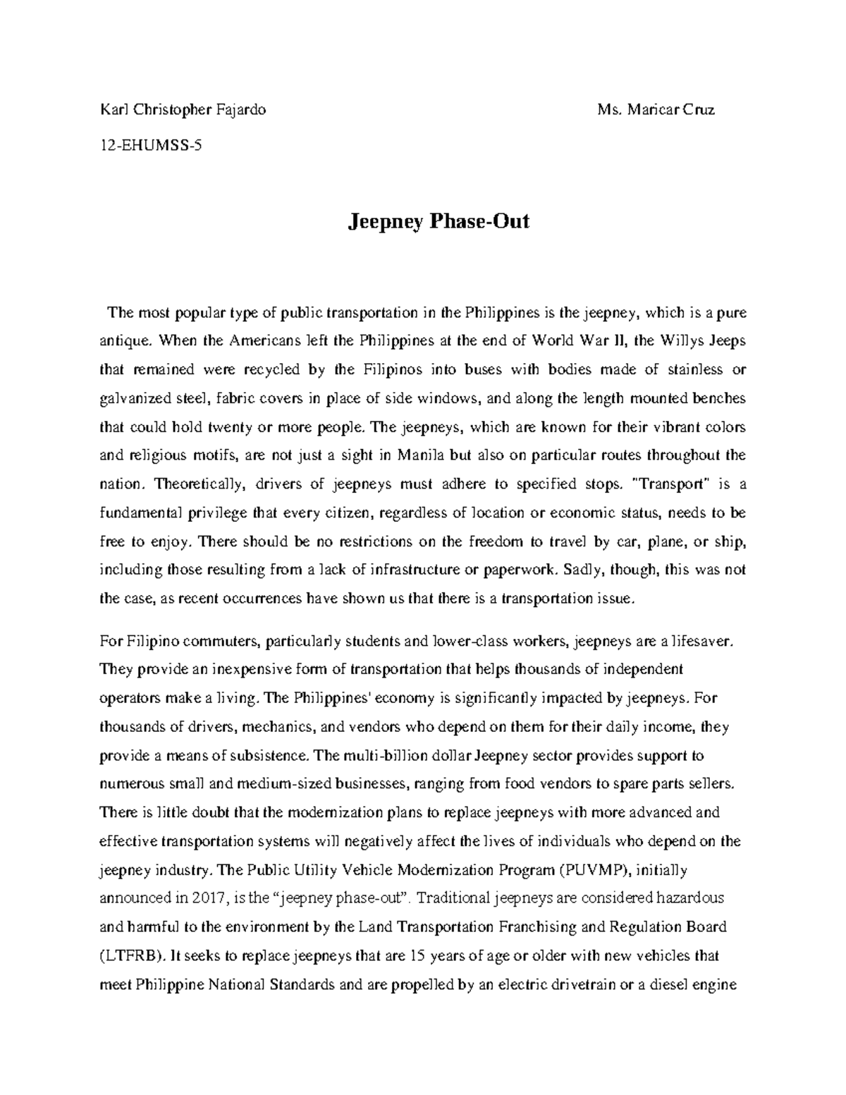 Position Paper By HUMSS Student - Karl Christopher Fajardo Ms. Maricar ...