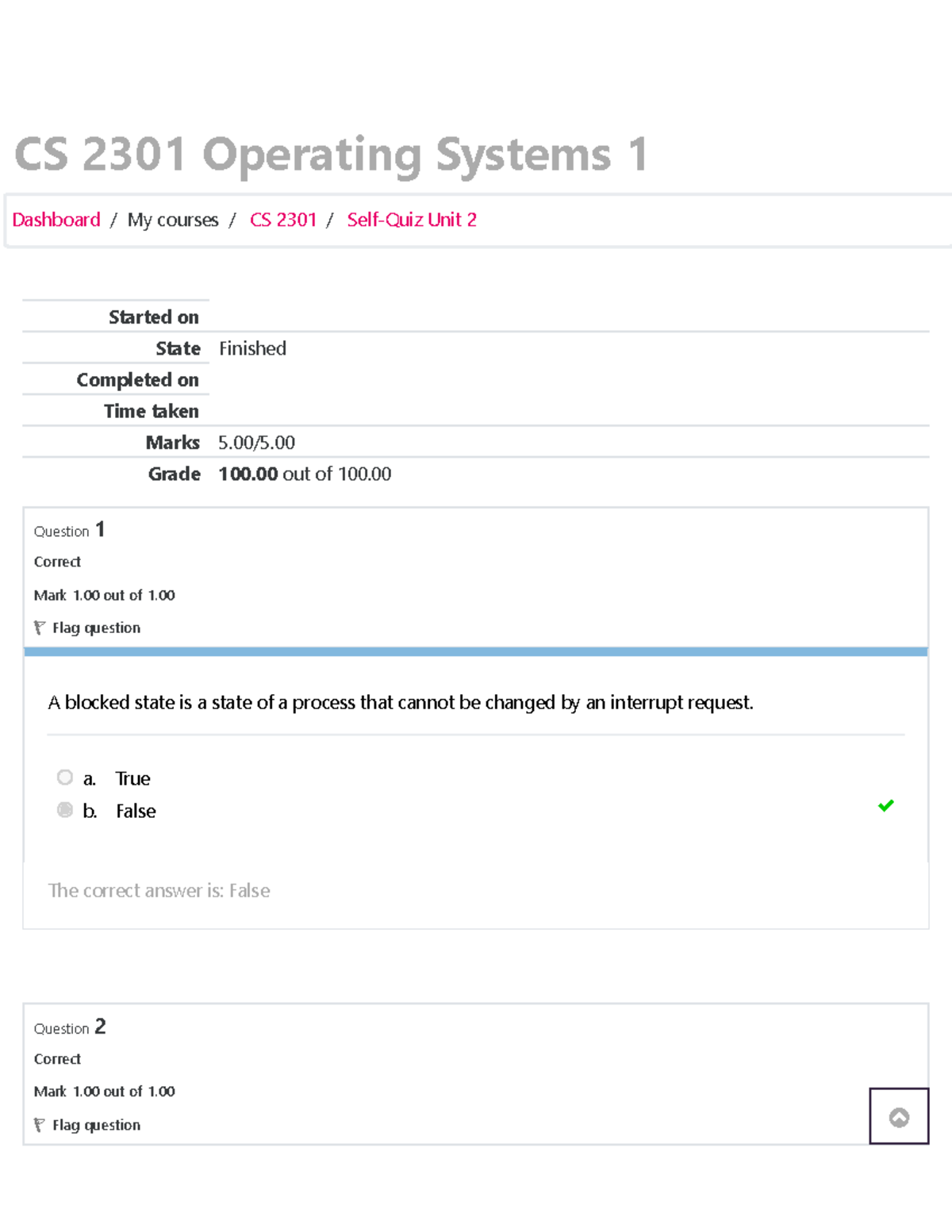 Self-Quiz Unit 2 Attempt review - CS 2301 Operating Systems 1 Started ...