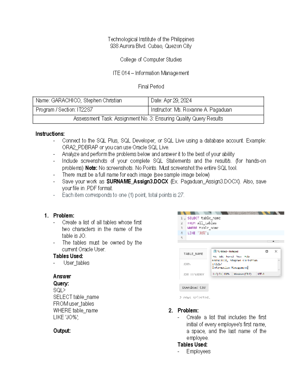 Assignment No. 3 Ensuring Quality Query Results - Technological Institute of the Philippines 938 ...