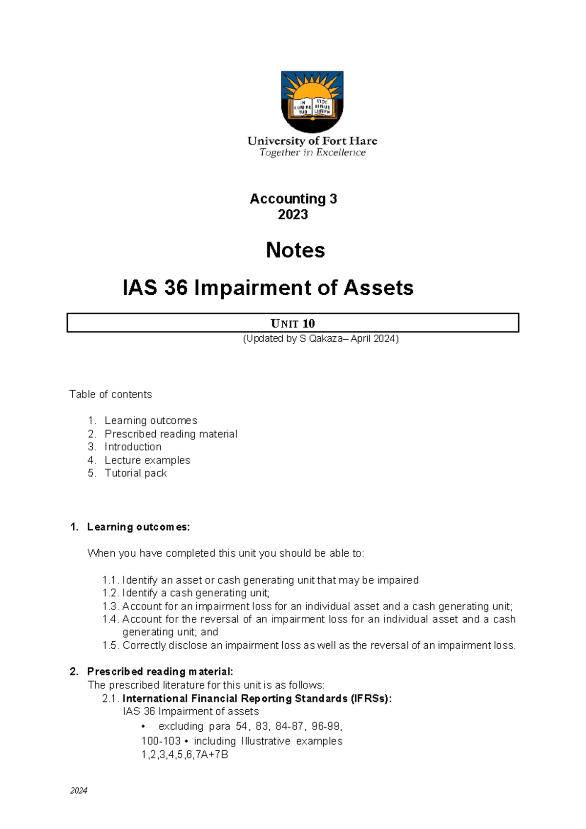Unit 10 - Notes - IAS 36 - Impairment of Assets - 2024 - Accounting 3 ...