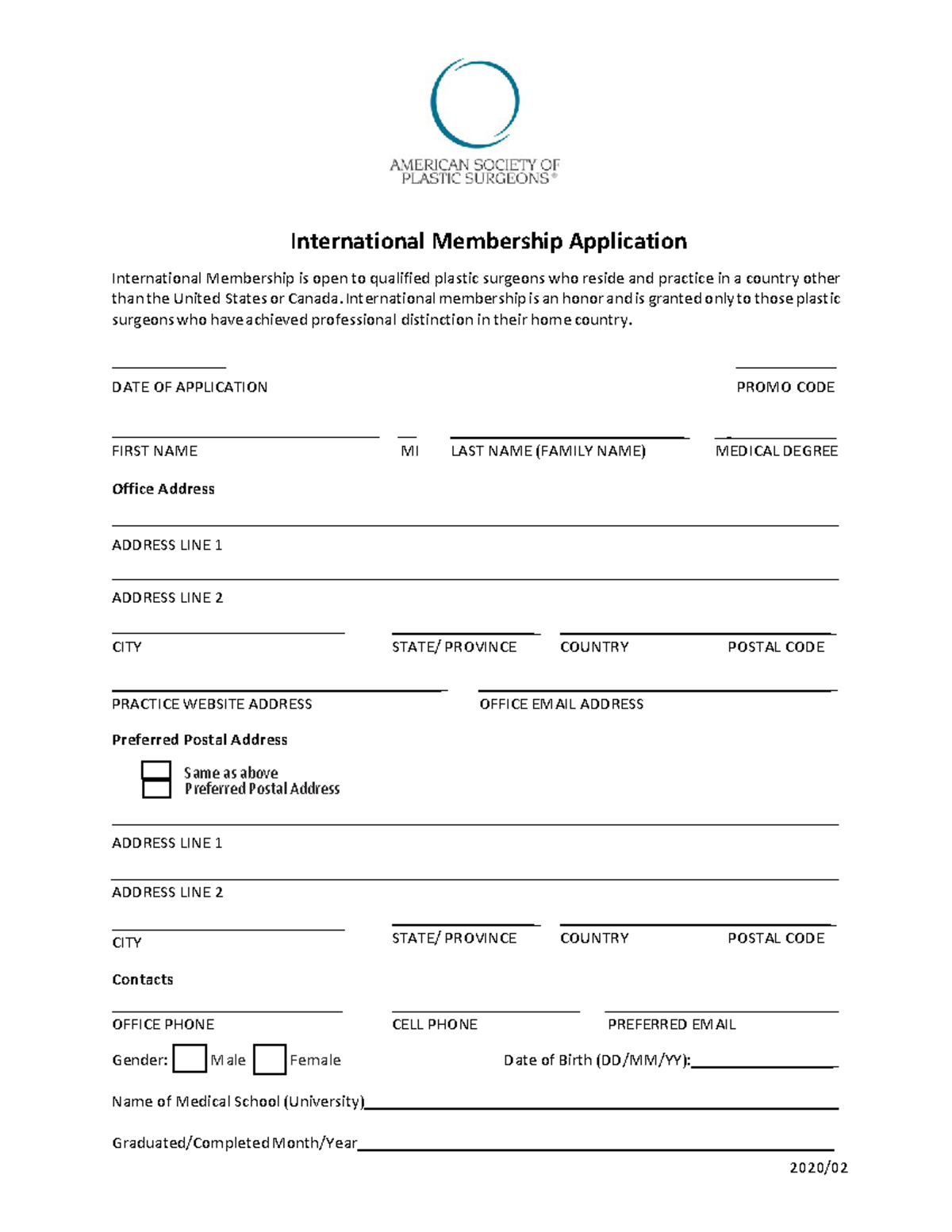 ASPS Int'l Membership Applicationa - 2020 / 02 International Membership ...
