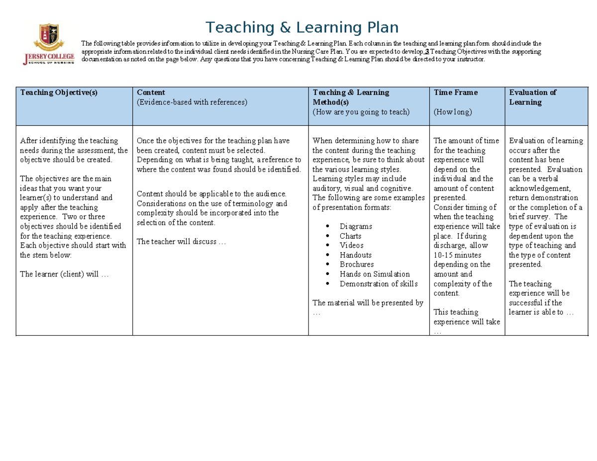 Teaching Plan Example - Teaching & Learning Plan The following table ...