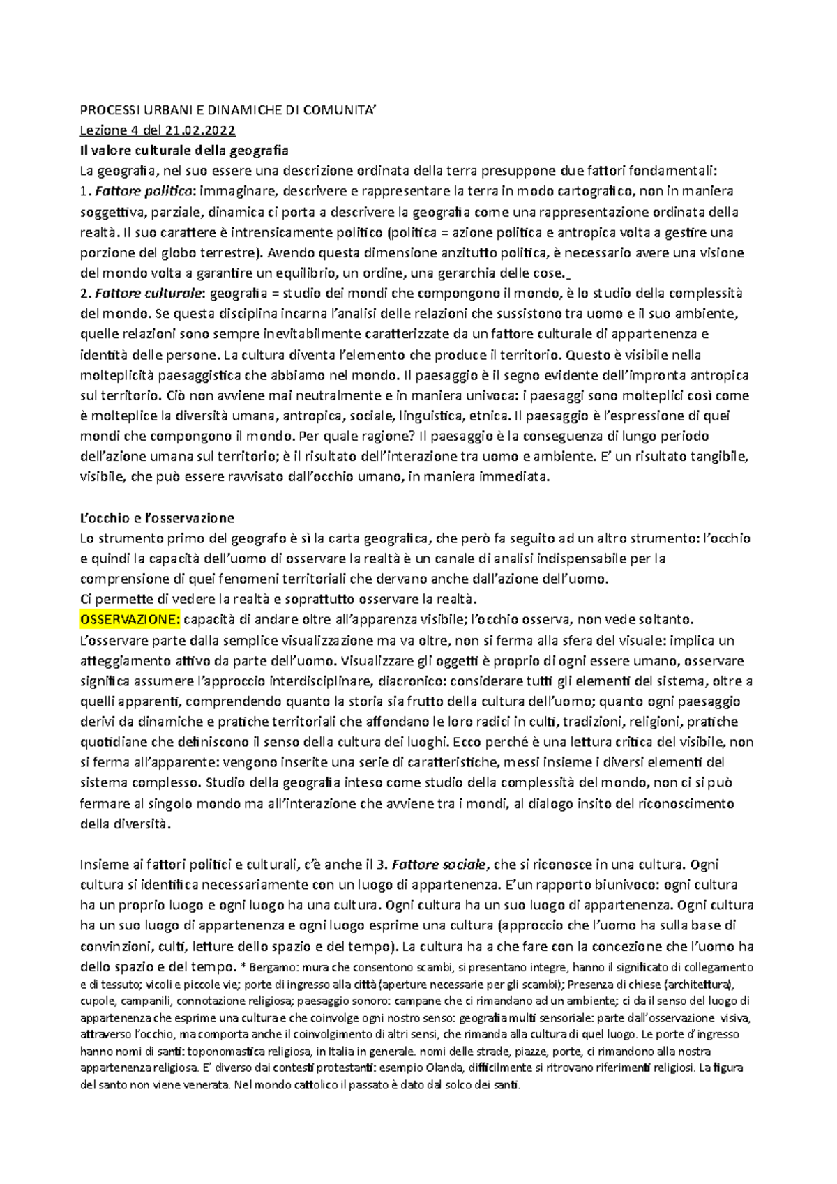 Lezione 4 - Appunti - PROCESSI URBANI E DINAMICHE DI COMUNITA’ Lezione ...