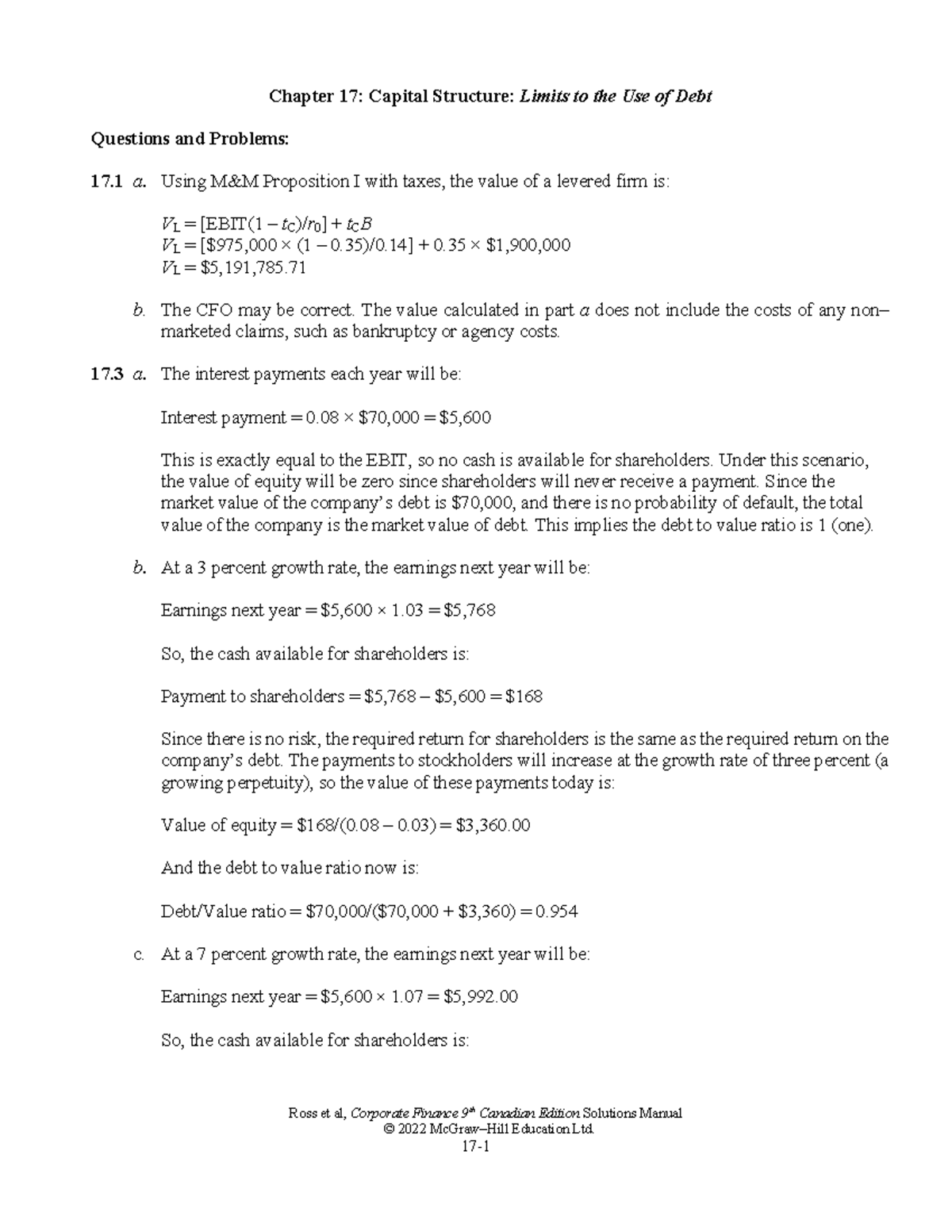 Soln For Ch17 - practice problems - Ross et al, Corporate Finance 9th ...