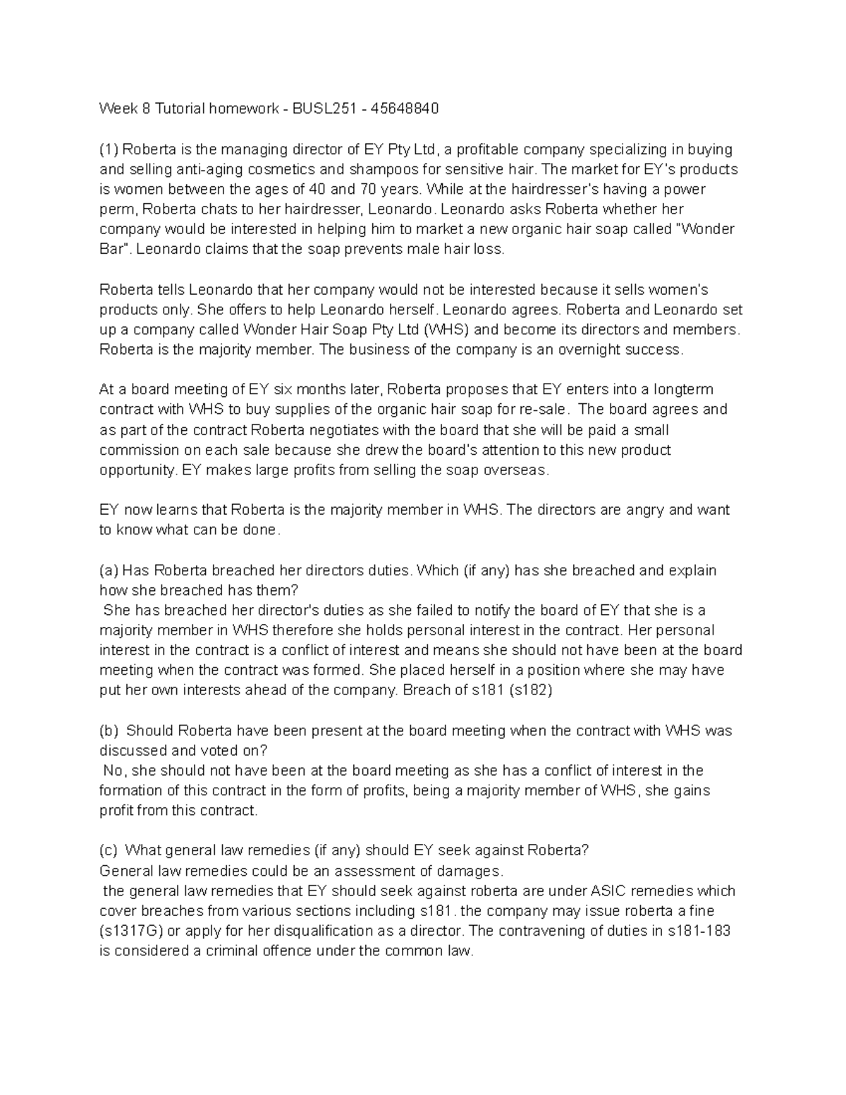 Week 8 Tutorial homework - BUSL251 Overall Participation mark(90 ...