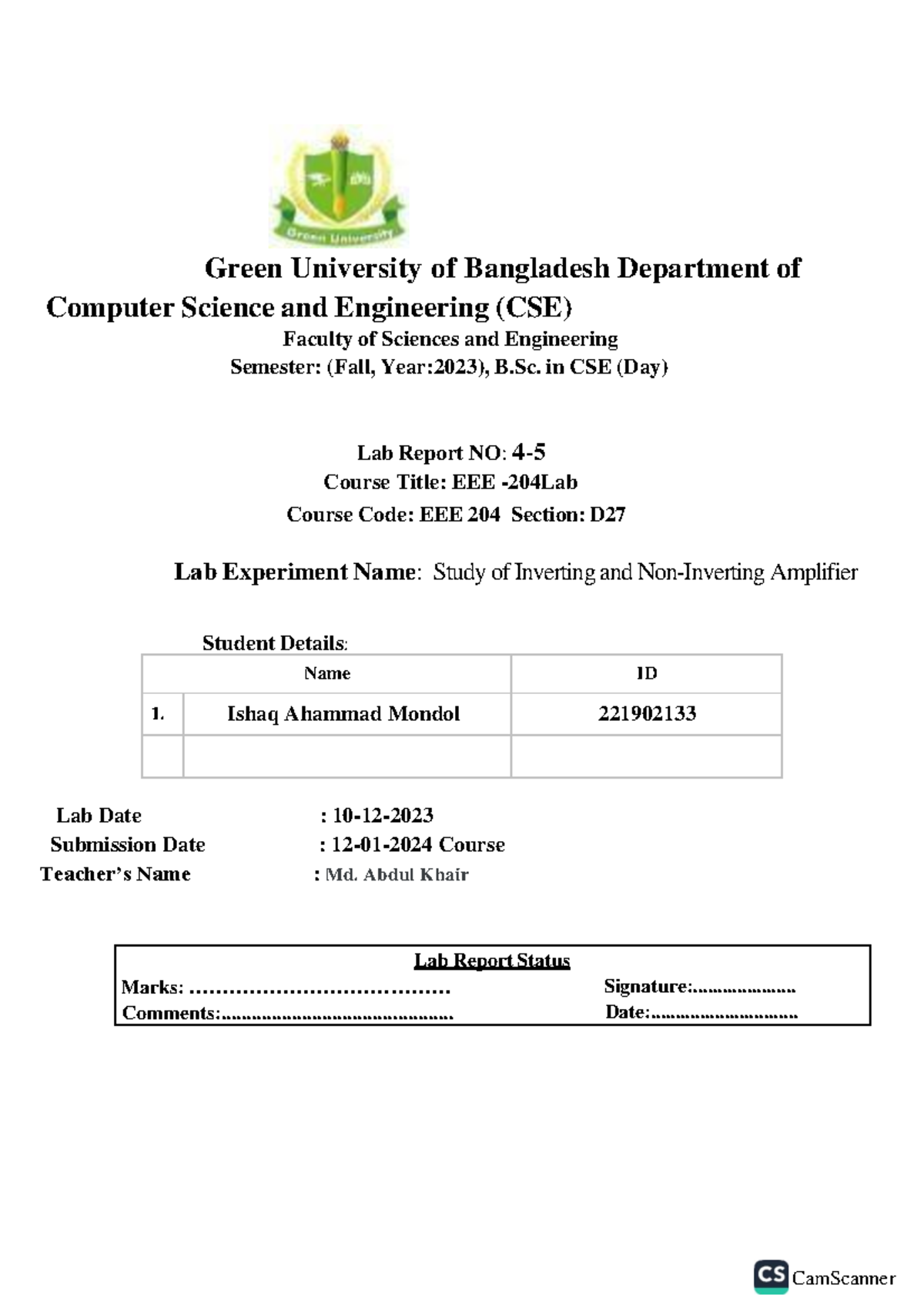 Lab Report 4,5 - Green University of Bangladesh Department of Computer ...