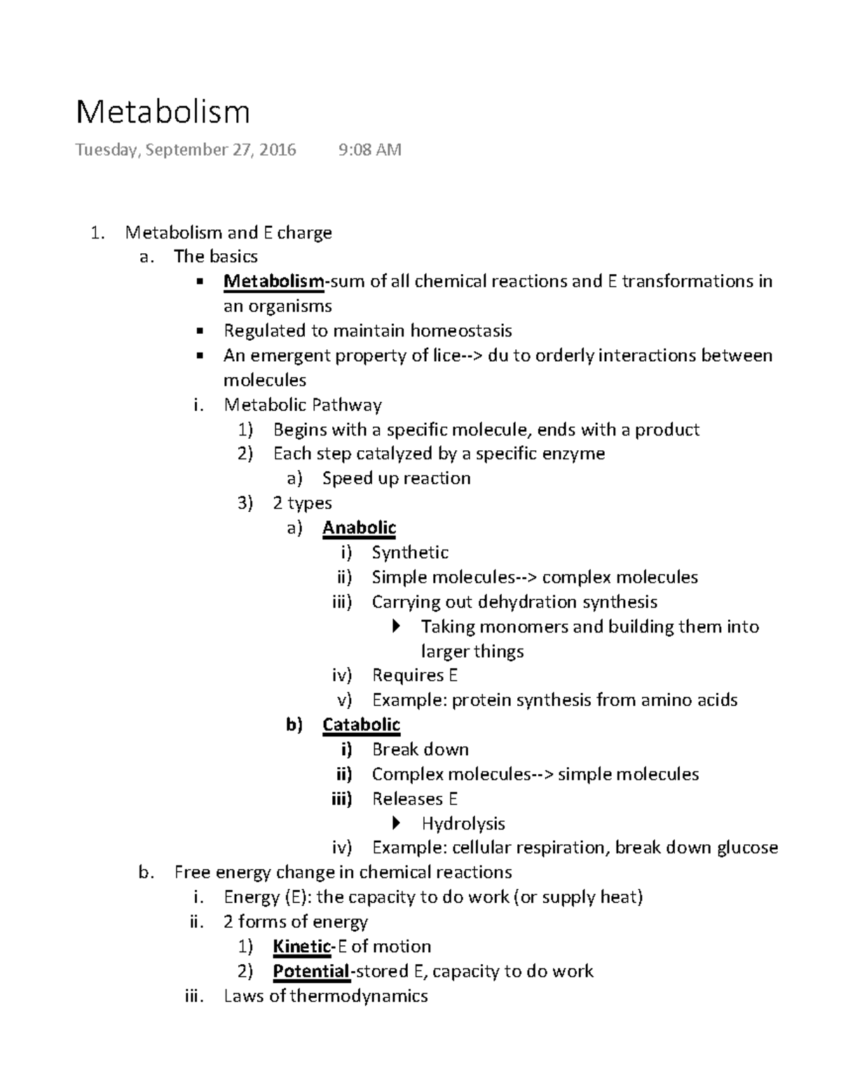 Metabolism - Lecture notes 5 - Metabolism Tuesday, September 27, 2016 9 ...