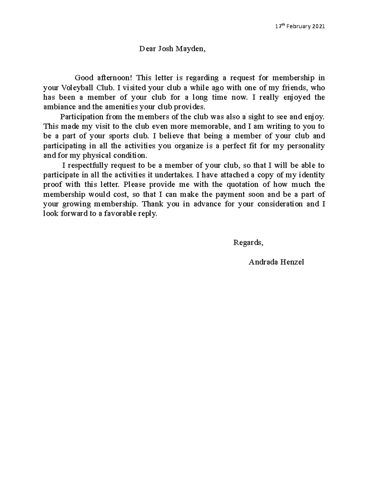 Application Letter - 17 th February 2021 Dear Josh Mayden, Good ...