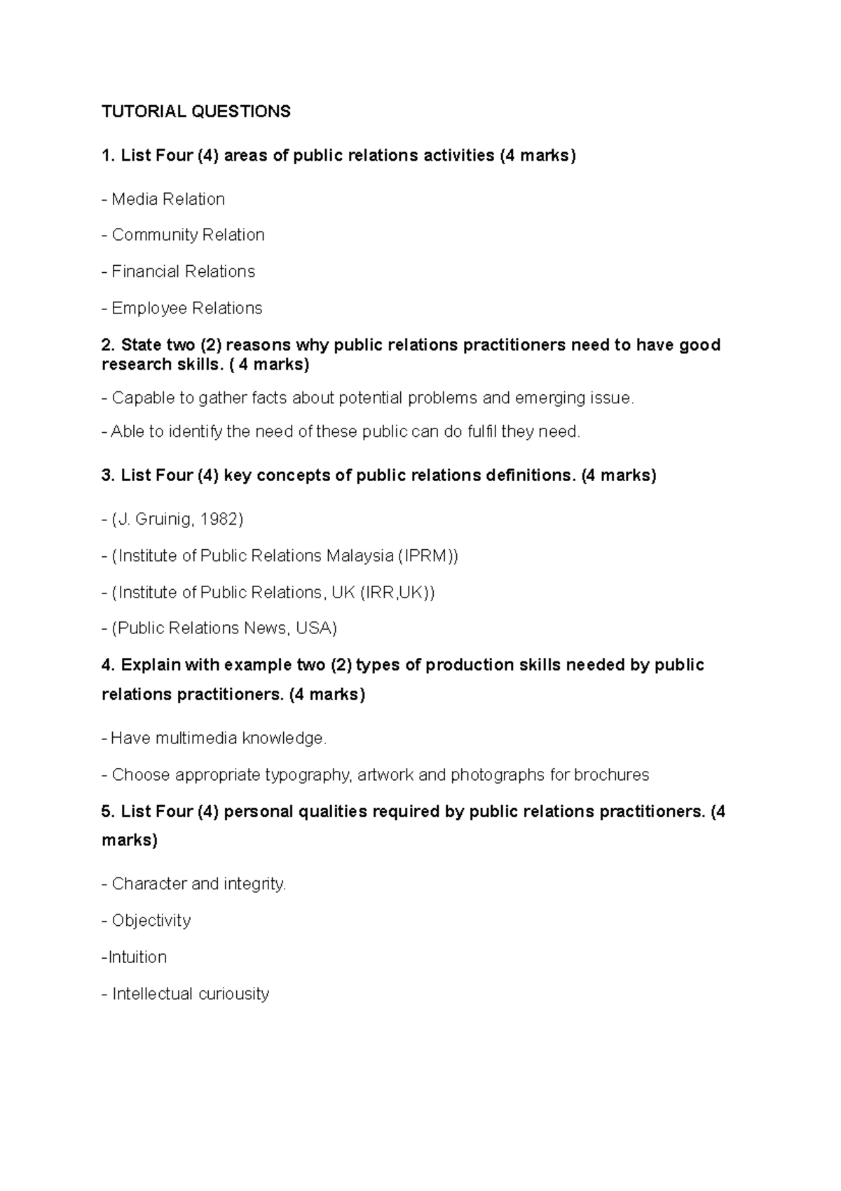 Tutorial 1 MKT - Marketing - TUTORIAL QUESTIONS List Four (4) areas of ...