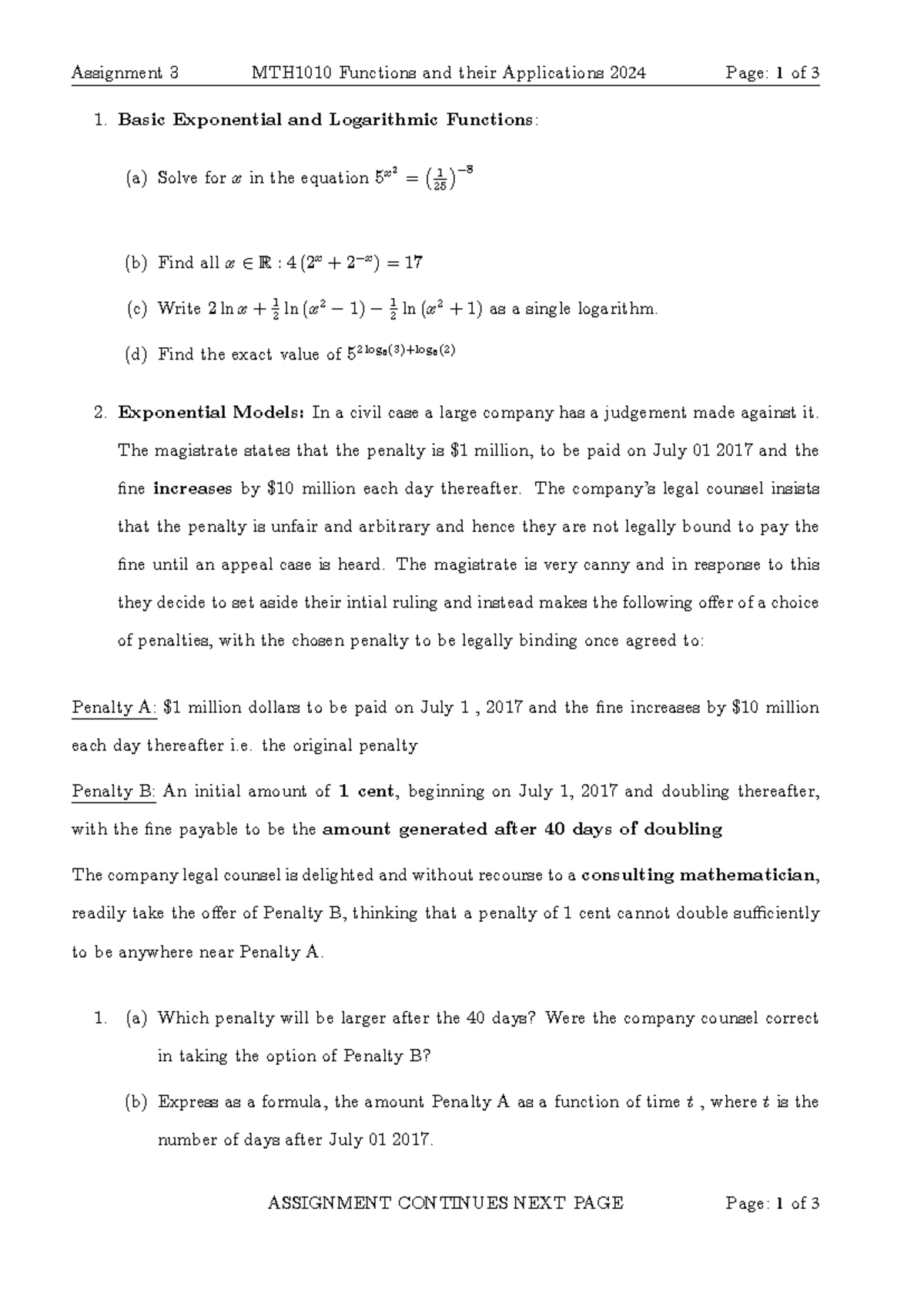 A3 S2 2024 - Assignment - Assignment 3 MTH1010 Functions and their ...