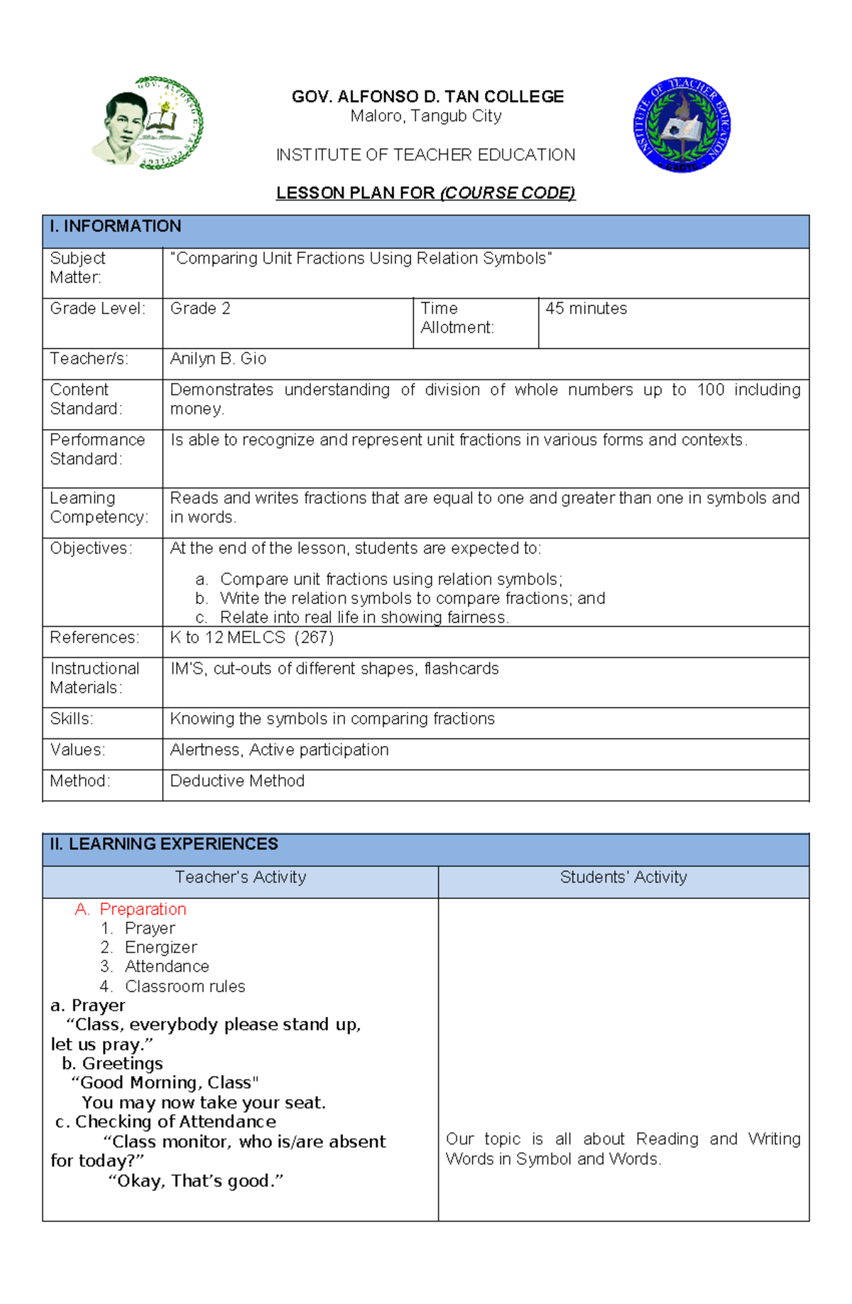 MATHEMATICS Lesson Plan - GOV. ALFONSO D. TAN COLLEGE Maloro, Tangub ...