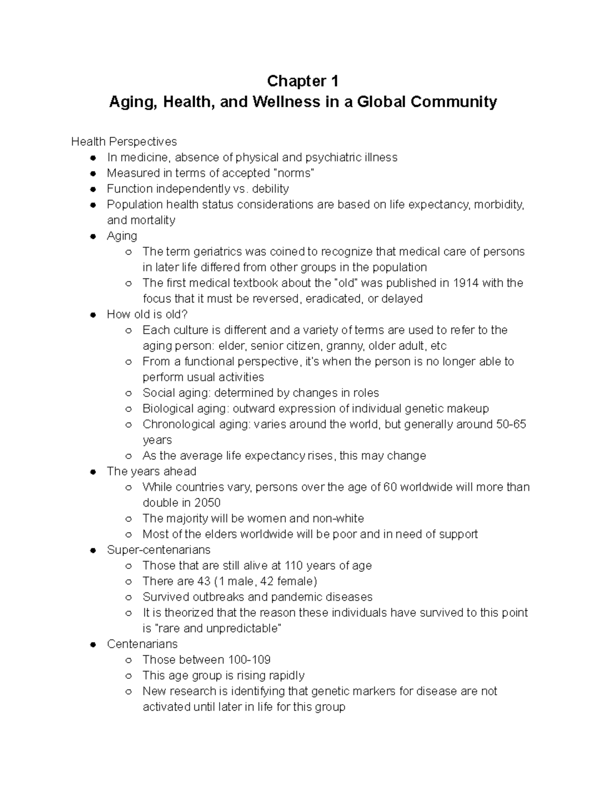 Gerontology Notes - Chapter 1 Aging, Health, and Wellness in a Global ...