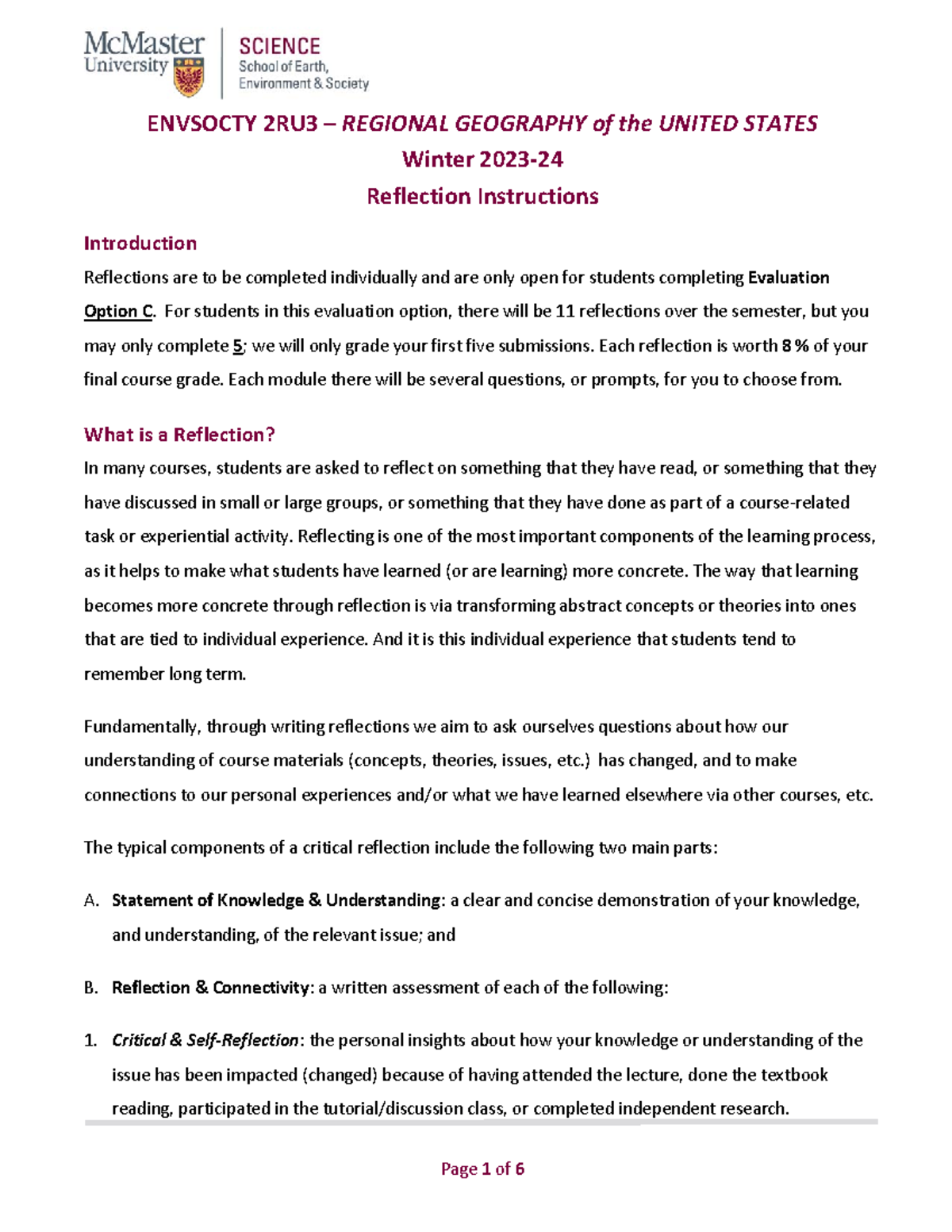 Envsocty 2RU3 - Winter 2024 - Reflection Instructions - ENVSOCTY 2RU3 – REGIONAL GEOGRAPHY of ...