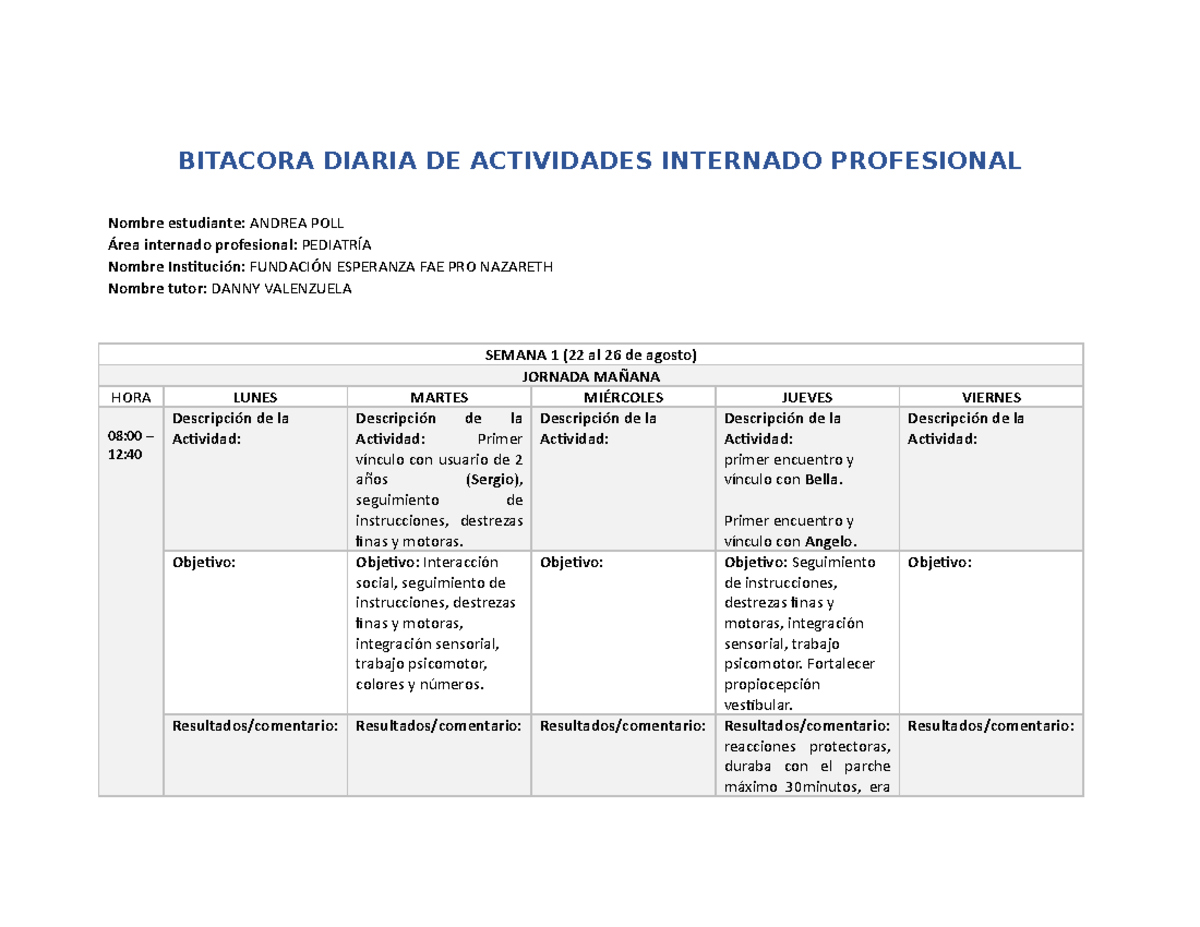 Bitacora Diaria DE Actividades PRE Práctica - BITACORA DIARIA DE ACTIVIDADES INTERNADO ...