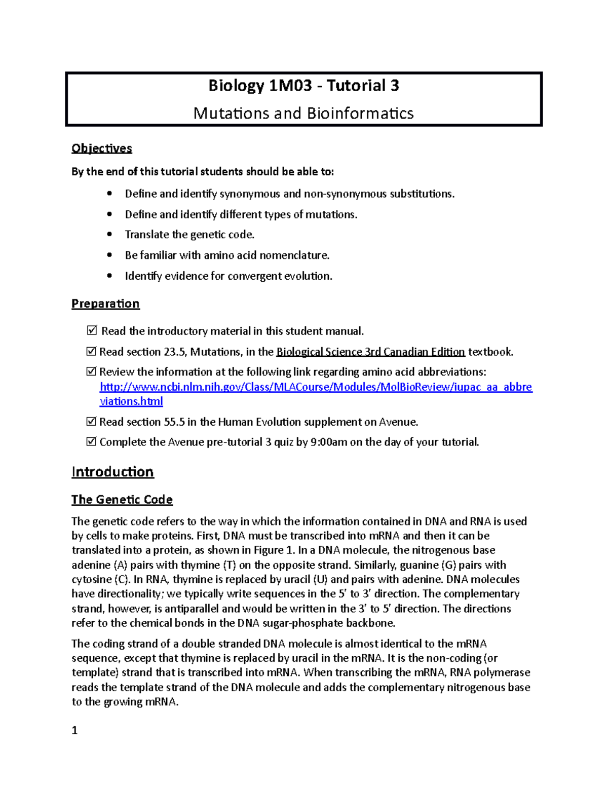 Tutorial 3 Mutations and Bioinformatics F2022 - Biology 1M03 - Tutorial 3 Mutations and - Studocu