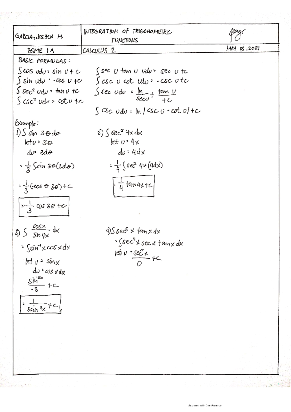 Integration of Trigonometric Function - Calculus 1 - PangSU - Studocu