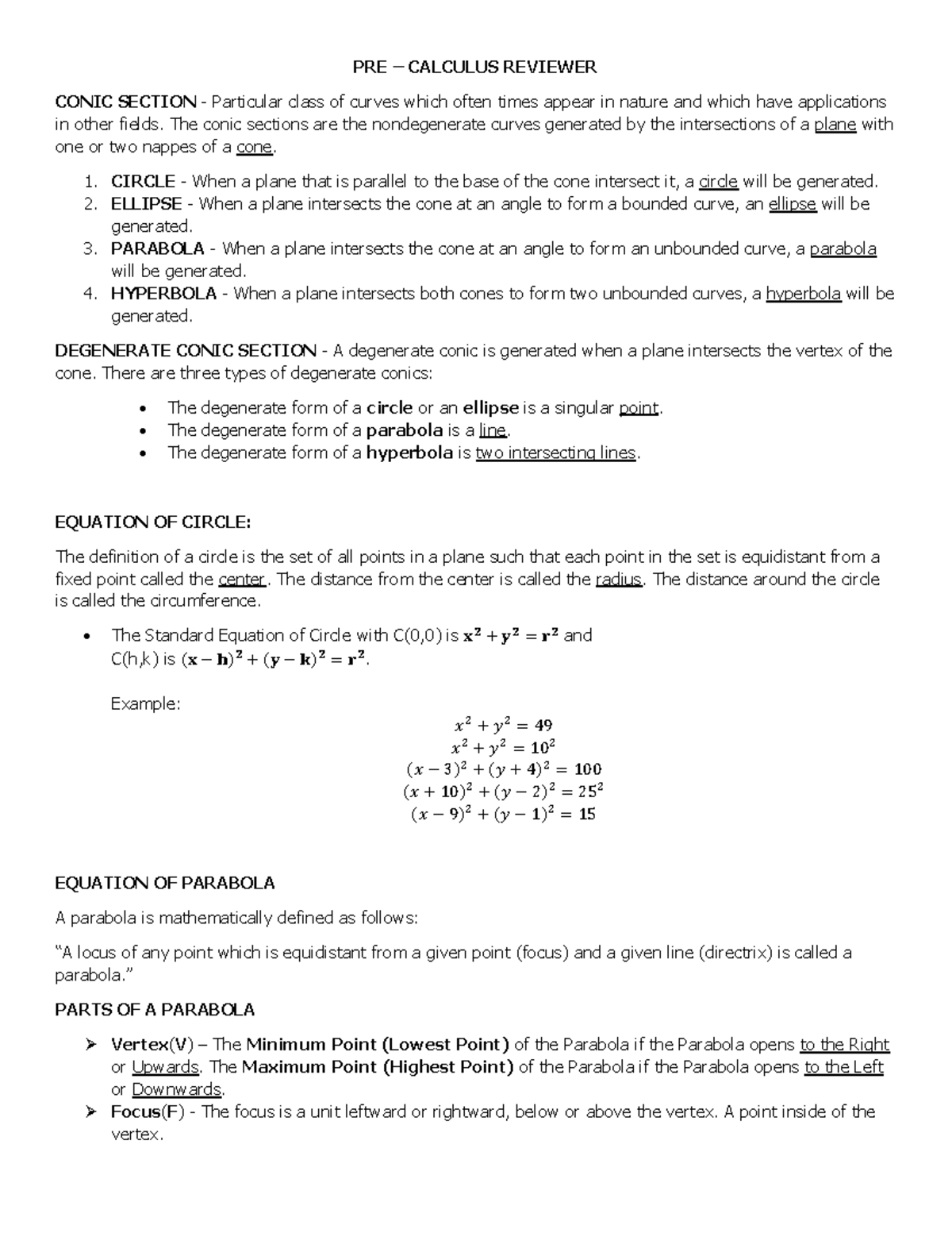 PRE-CAL Reviewer - hdjdjd - PRE – CALCULUS REVIEWER CONIC SECTION ...