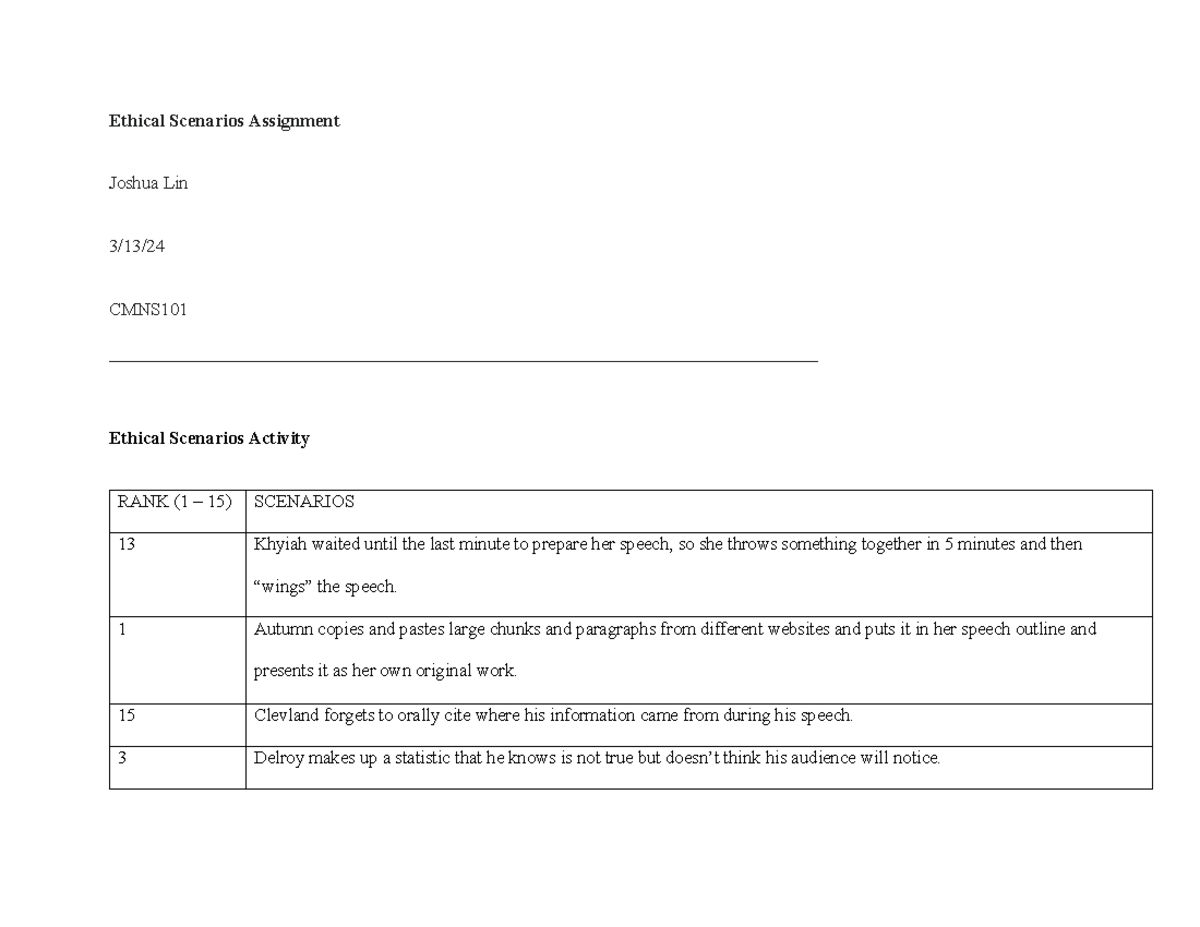 Ethical Scenarios Assignment - Ethical Scenarios Assignment Joshua Lin ...