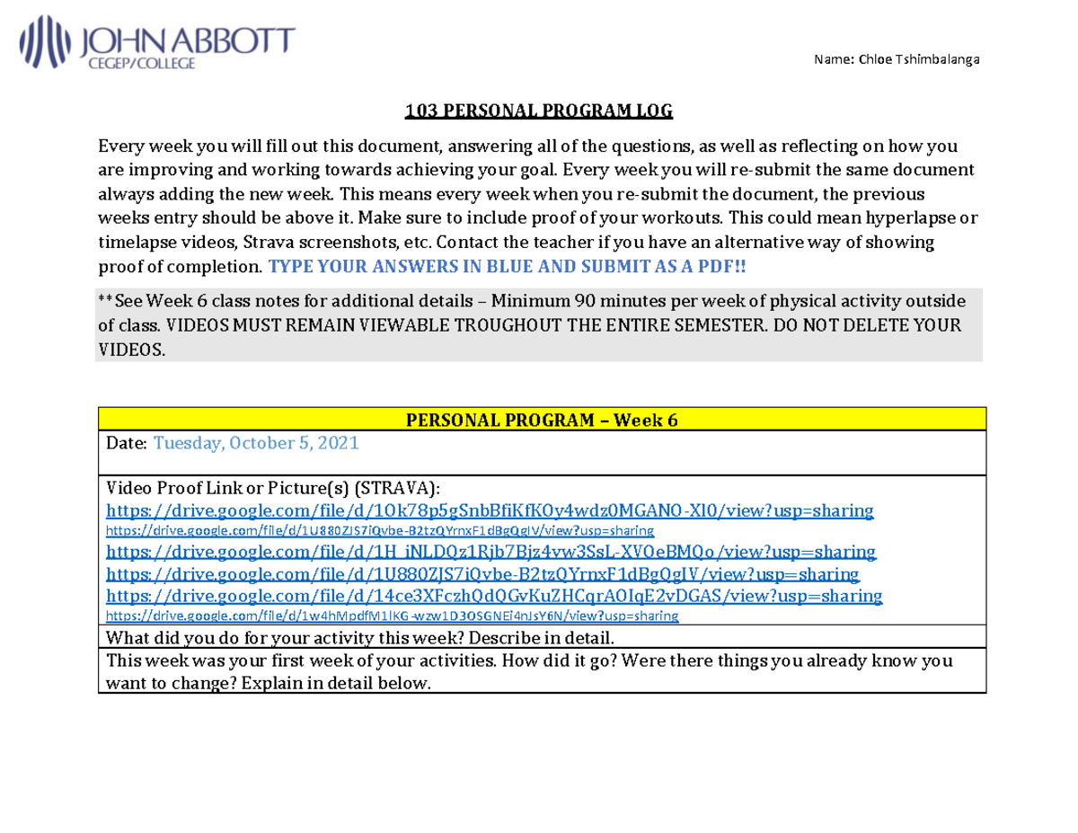 F21 Personal Program Log 103 2 and then go to - 10 3 PERSONAL PROGRAM ...