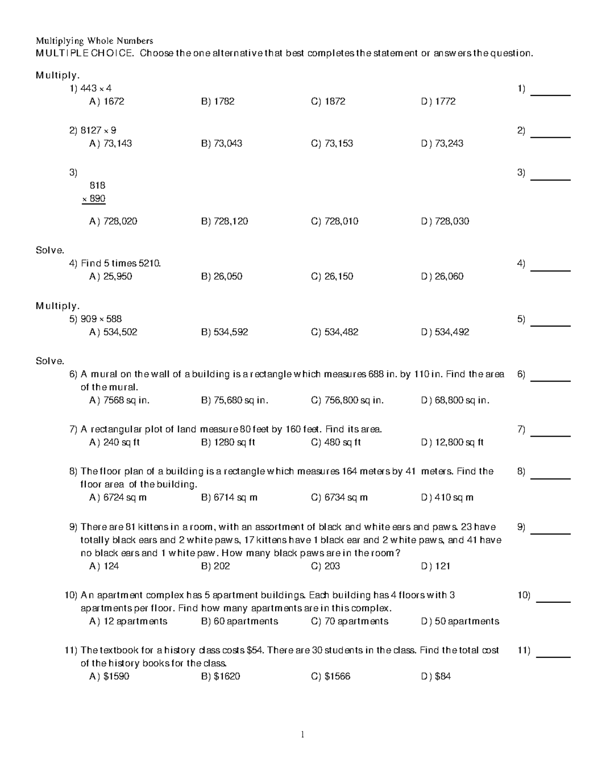 1 - Answer - Multiplying Whole Numbers MULTIPLE CHOICE. Choose the one ...
