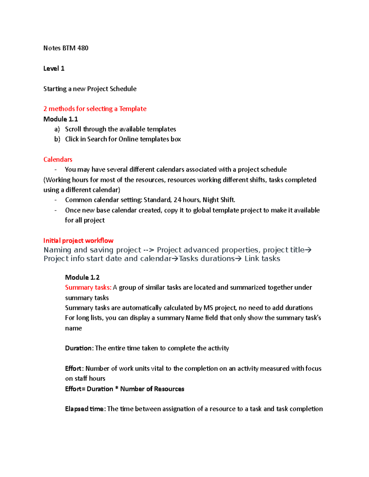 Level 1 Notes BTM 480. docx Note for Project Management Software ...