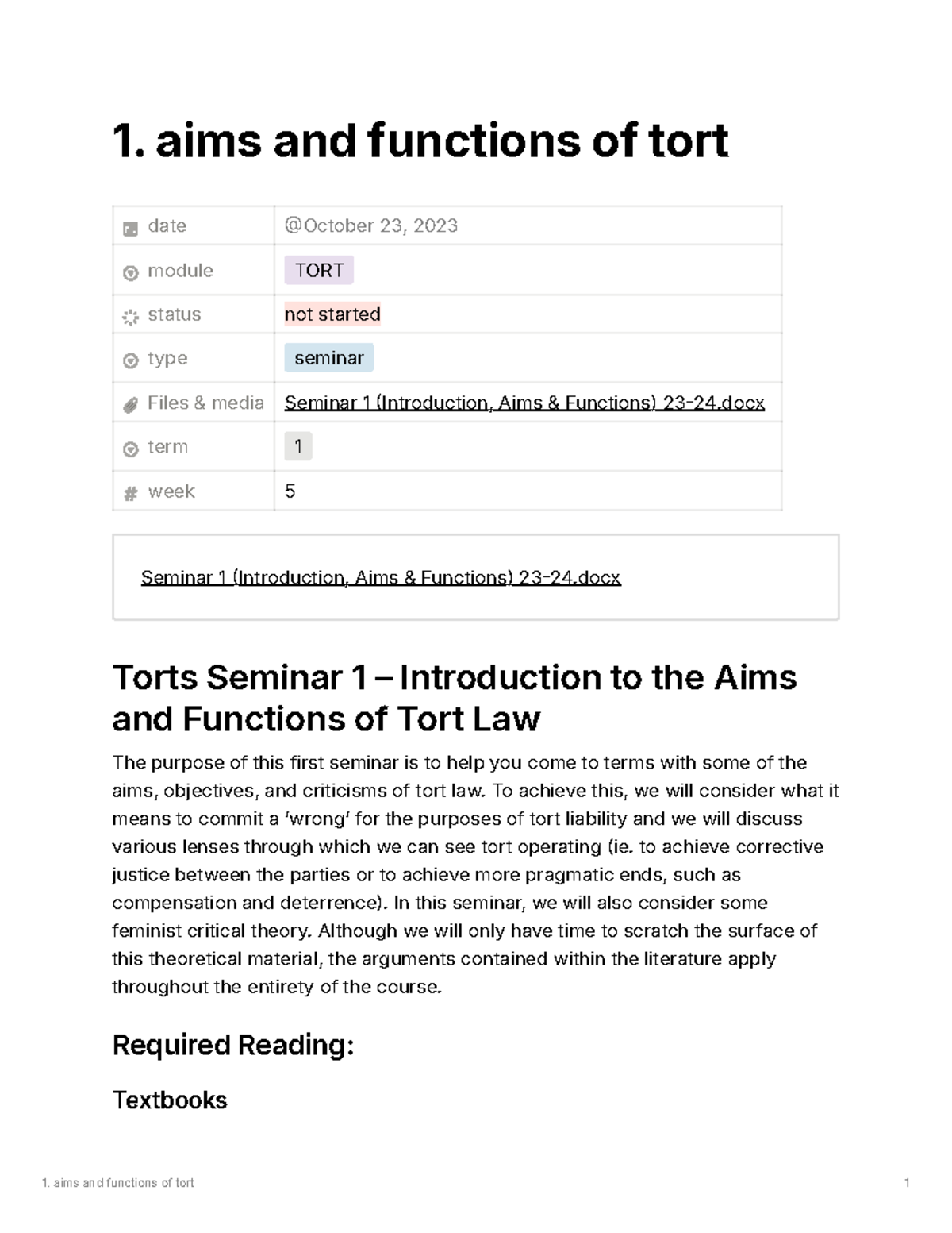 Tort law seminar 1 - aims and functions of tort 1 1. aims and functions of tort date module TORT ...