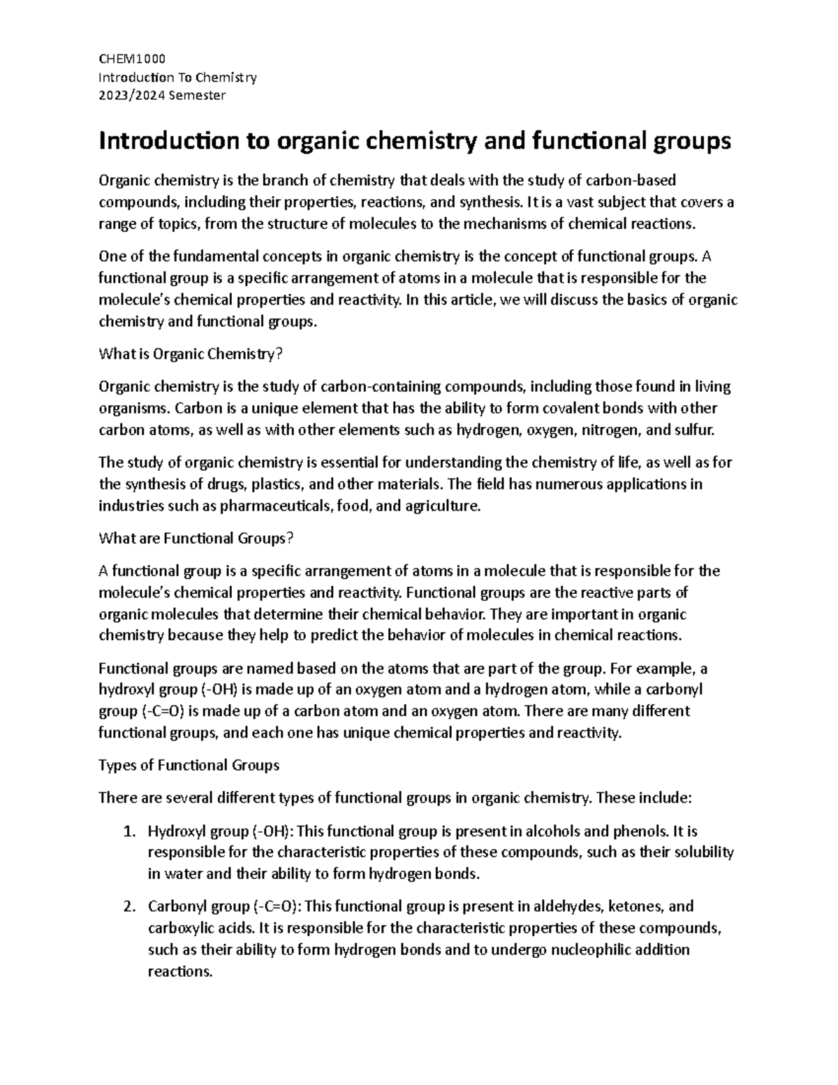 Introduction to organic chemistry and functional groups - CHEM ...