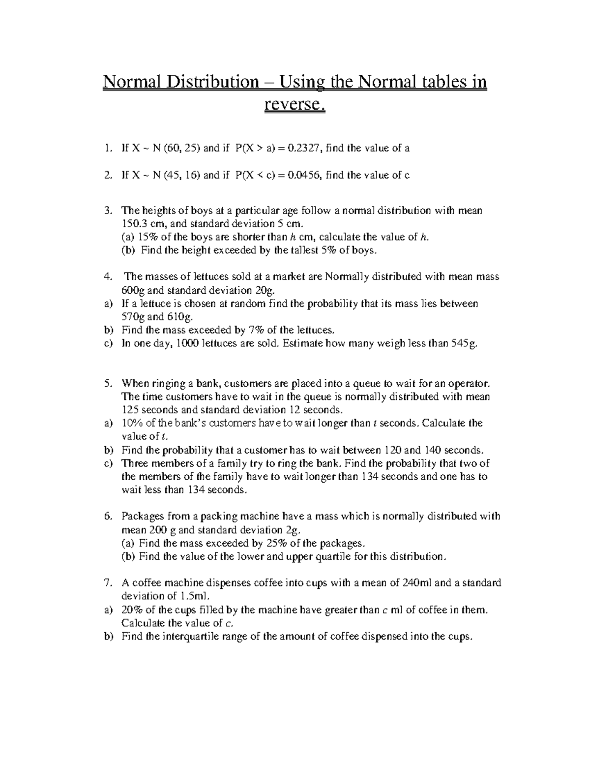 Normal tables in reverse worksheet - Normal Distribution – Using the ...