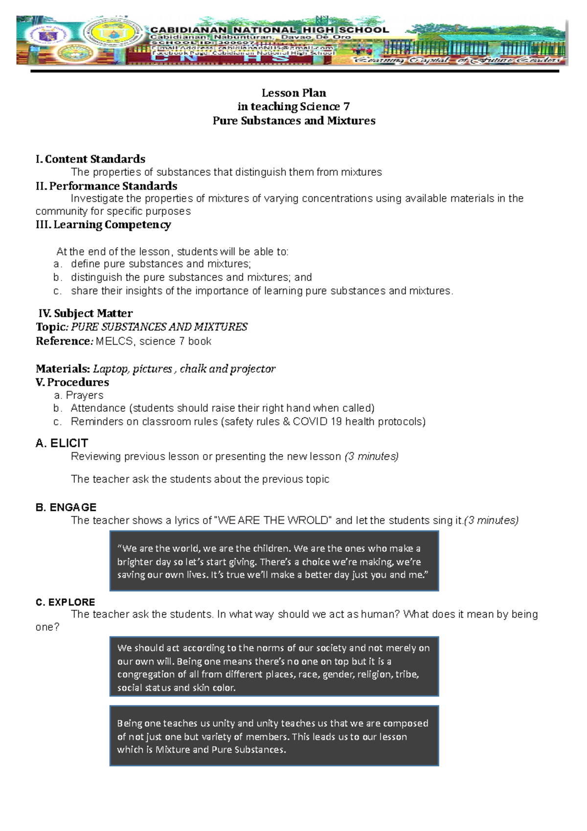 Lesson Plan in Science 7 PURE Substances AND Mixture 1ST Quarter ...