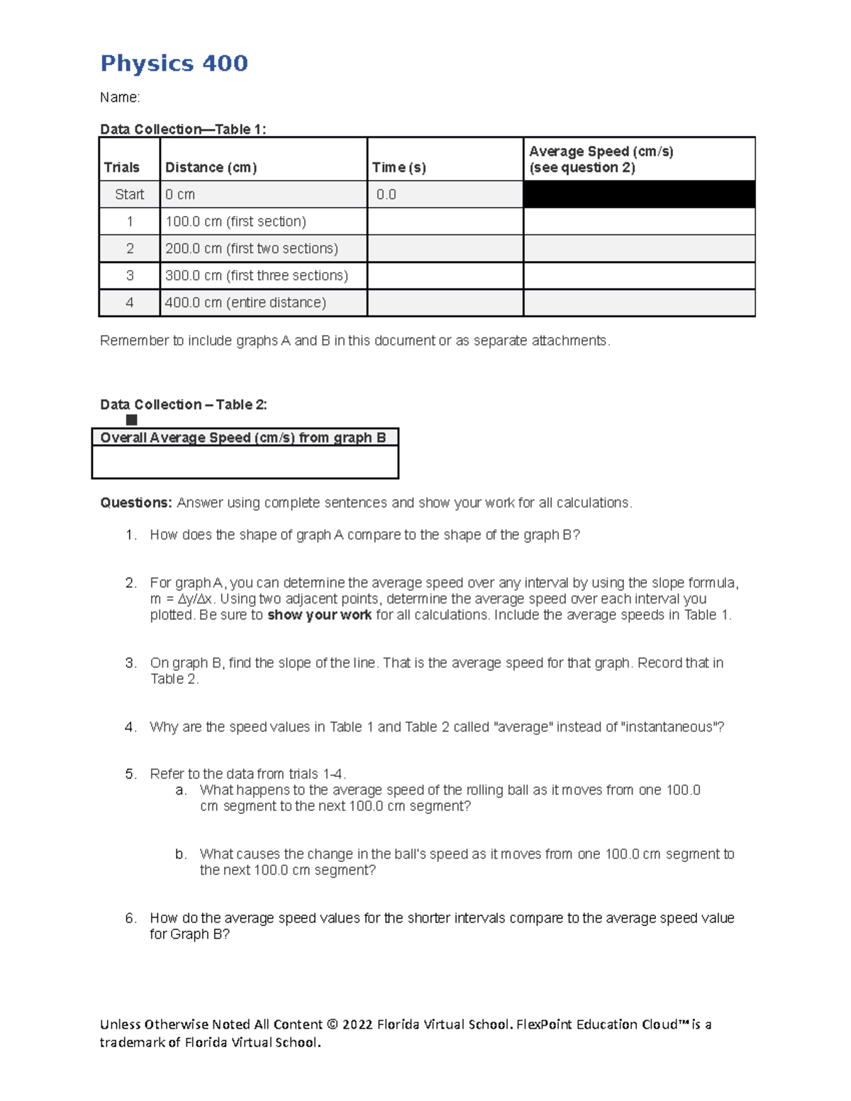 Worksheet 01 08 flvs - Physics 400 Name: Data Collection—Table 1 ...