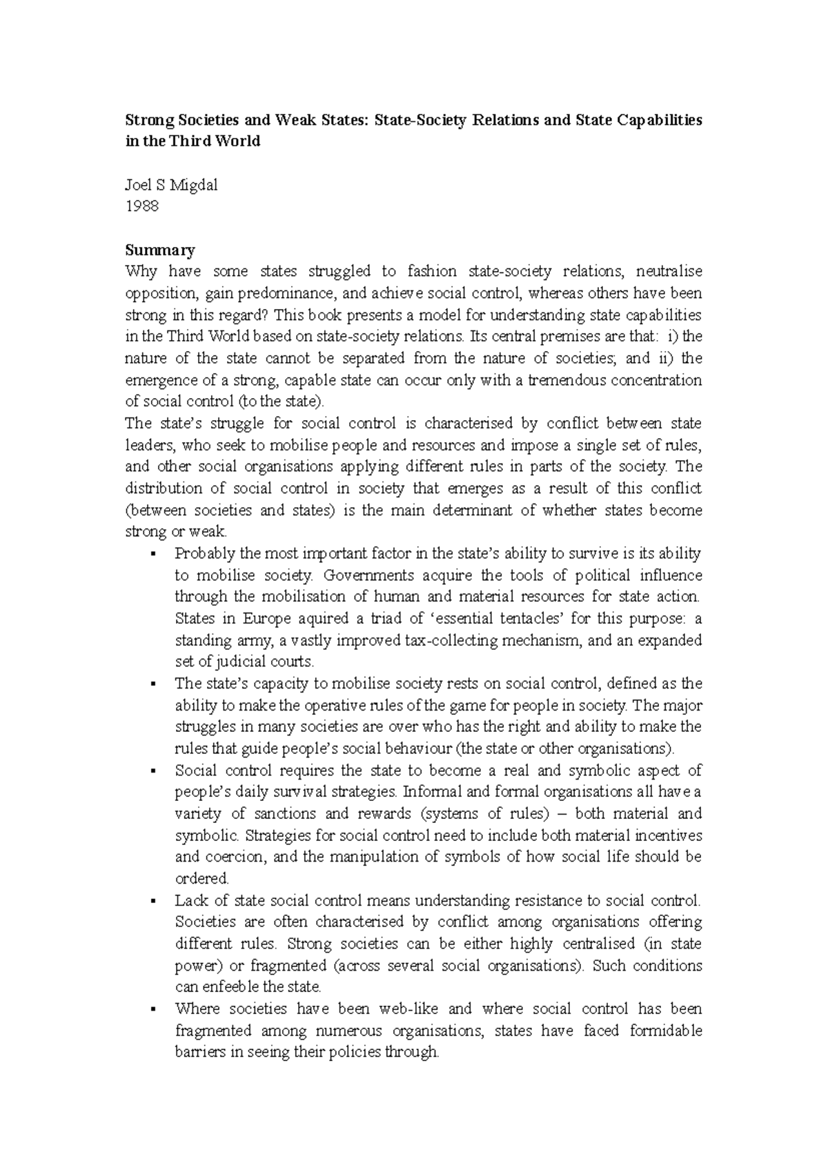 Summary-Strong Societies and Weak States - Strong Societies and Weak ...