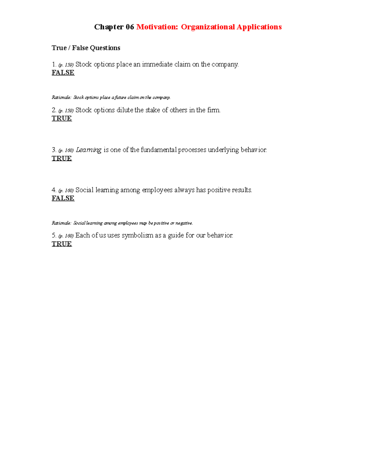 Ch06 Motivation Organizational Applications - (p. 159) Stock options ...