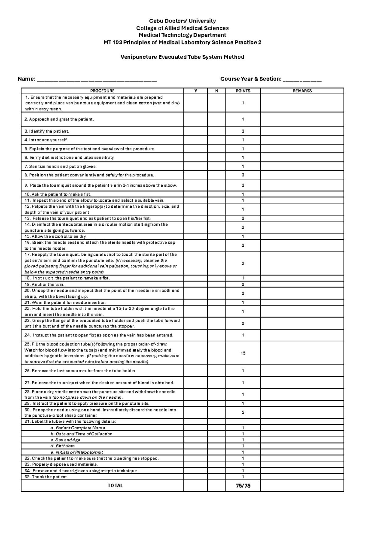 Venipuncture ETS - Cebu Doctors’ University College of Allied Medical ...