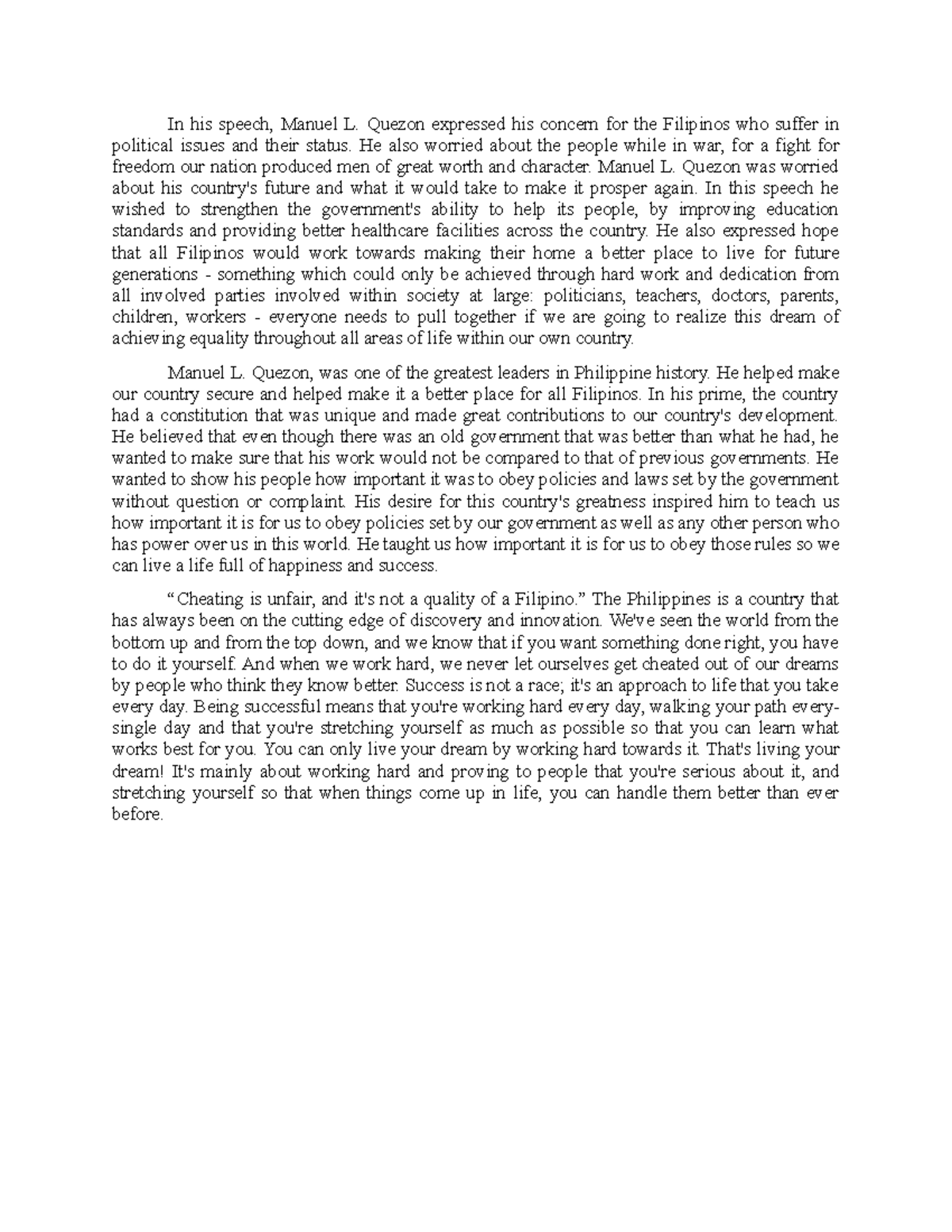 Manuel Quezon Speech Reflection - In his speech, Manuel L. Quezon ...