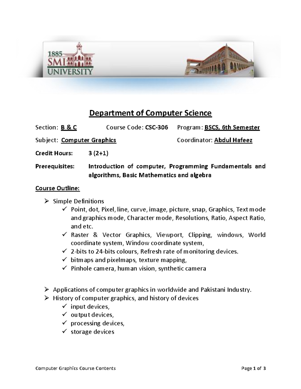 Computer Graphics Outline Computer Graphics Course Contents Page 1 Of 3 Department Of Computer