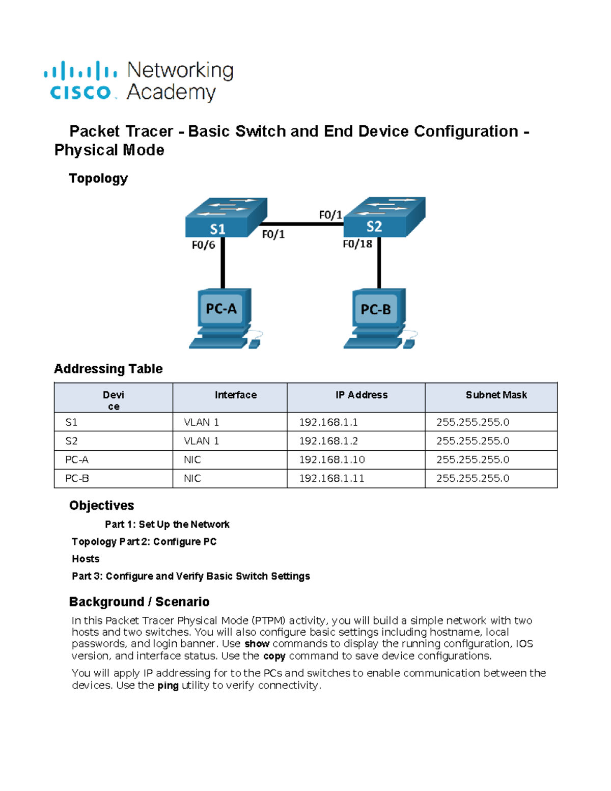 2.9.2-packet-tracer - CISCO - Packet Tracer - Basic Switch and End ...