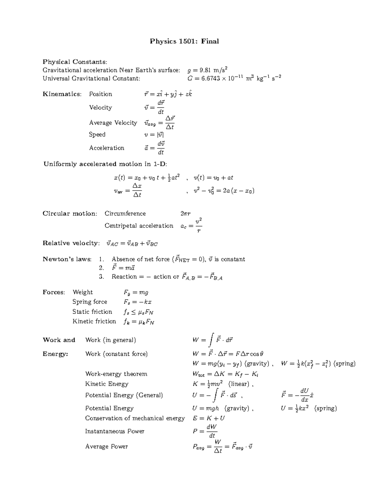 1501 Reference Final - Physics 1501: Final Physical Constants: Gravitational acceleration Near ...