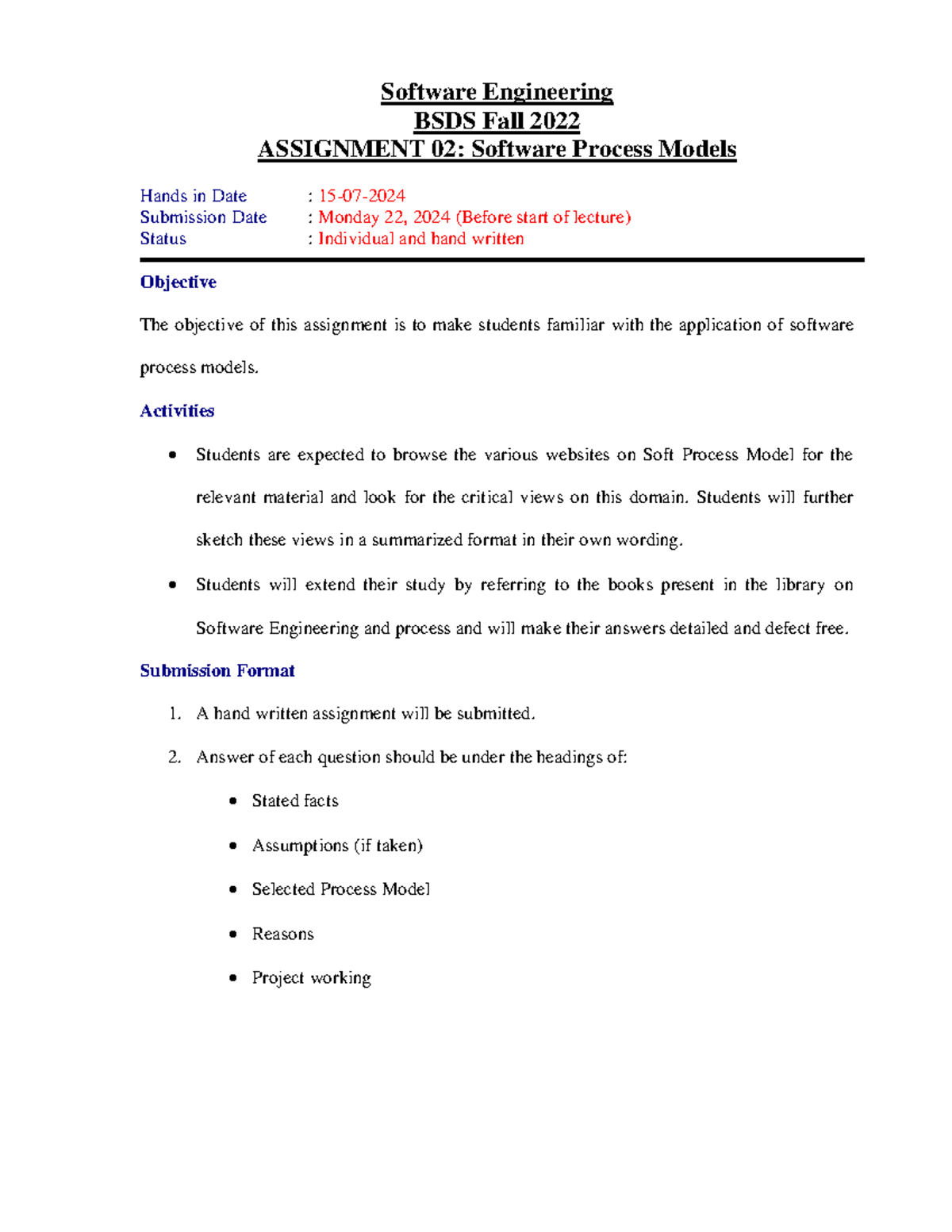 Assignment 02 Process Models - Software Engineering BSDS Fall 2022 ASSIGNMENT 0 2 : Software ...