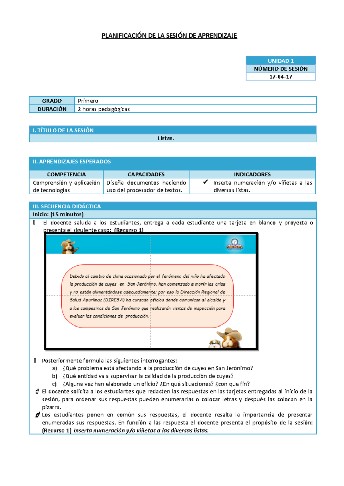 EPT1-U1-S3 - PLANIFICACIÓN DE LA SESIÓN DE APRENDIZAJE SESION APRENDIZAJE Nº 3 DE LA UNIDAD ...