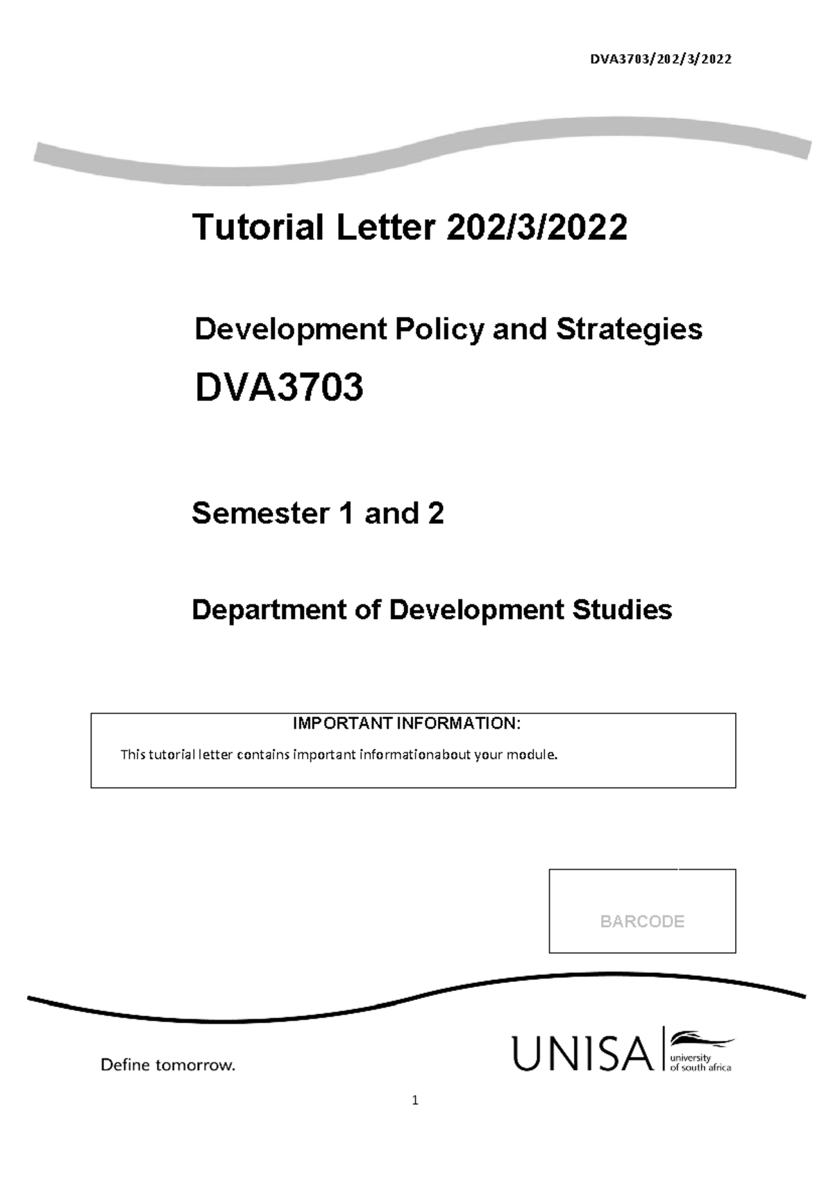 Tutorial Letter DVA3703 202 2 2022 - Tutorial Letter 202/3/ Development ...
